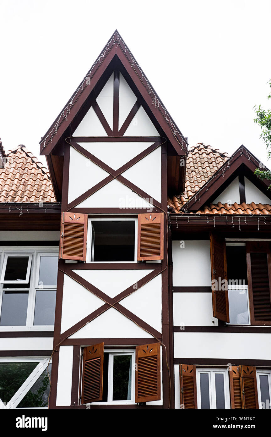 colonial wooden details architecture building tower open windows Stock ...