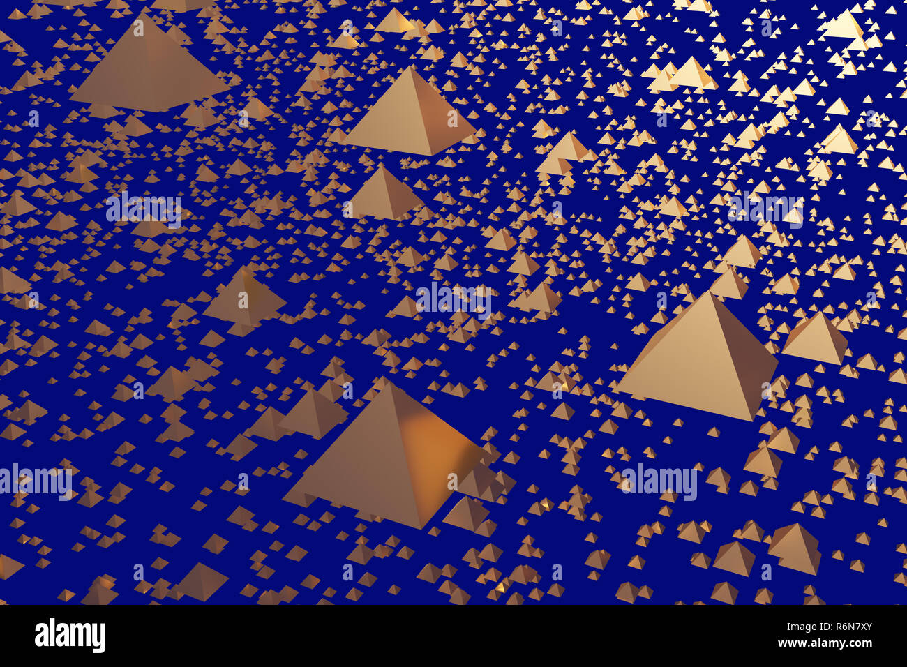 3d illustration of floating,golden pyramids with square base and blue ...