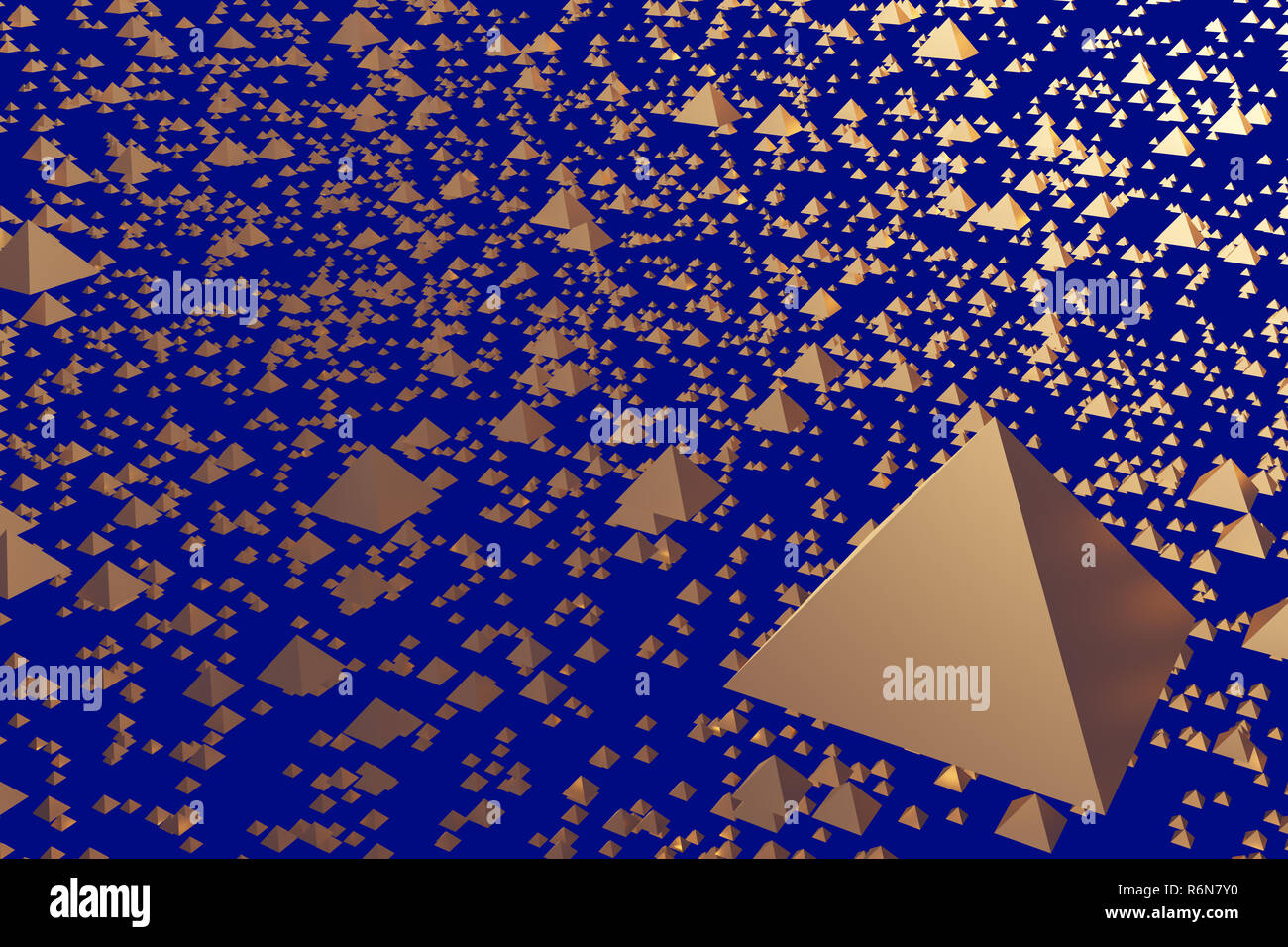 3d illustration of floating,golden pyramids with square base and blue ...