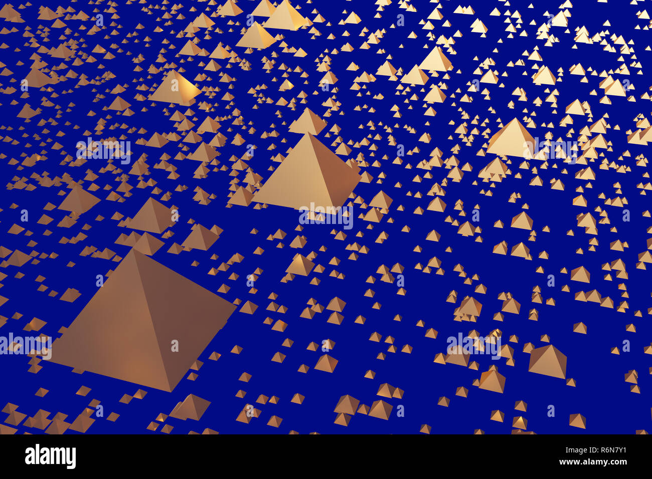 3d illustration of floating,golden pyramids with square base and blue ...