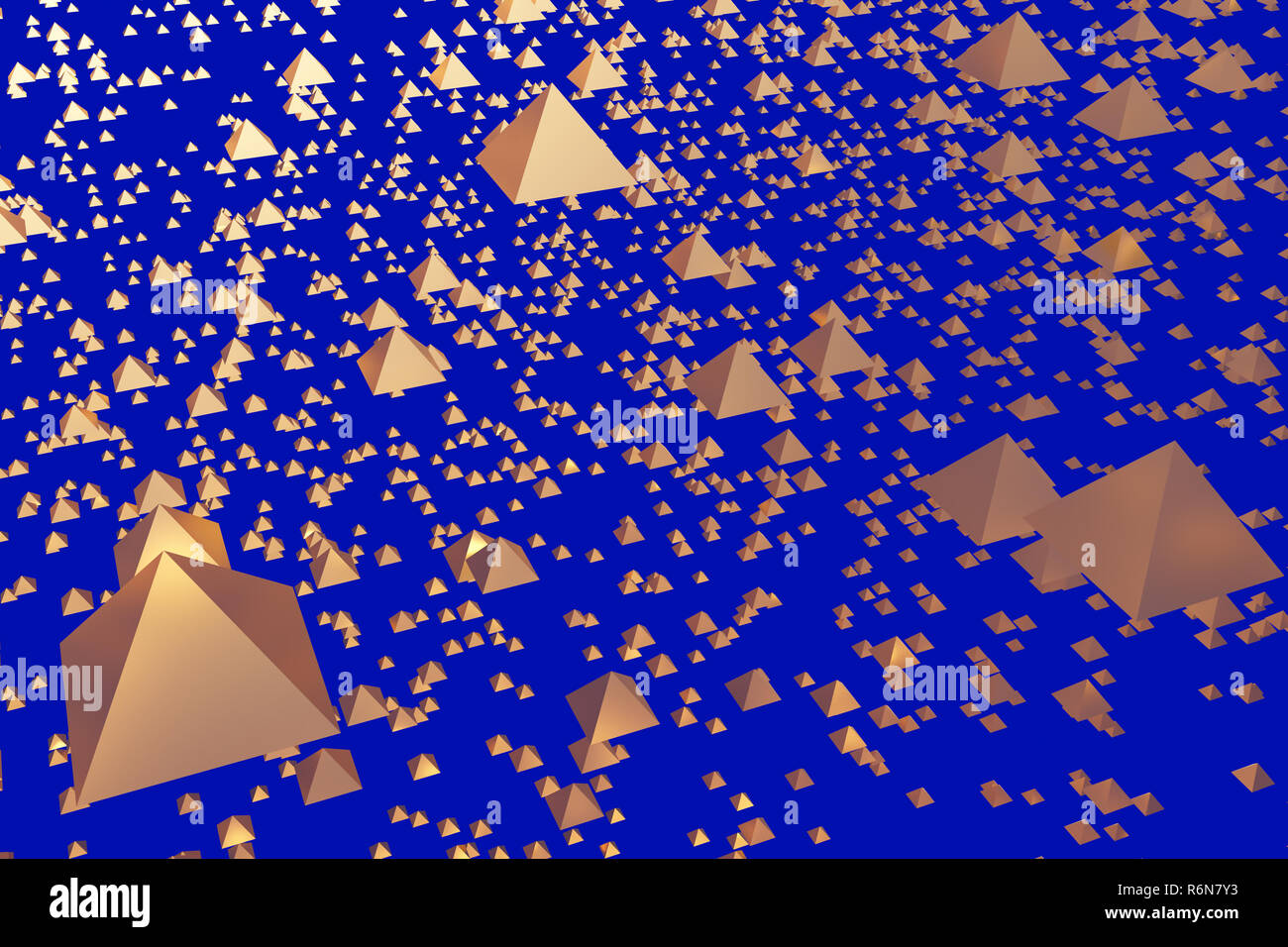 3d illustration of floating,golden pyramids with square base and blue ...