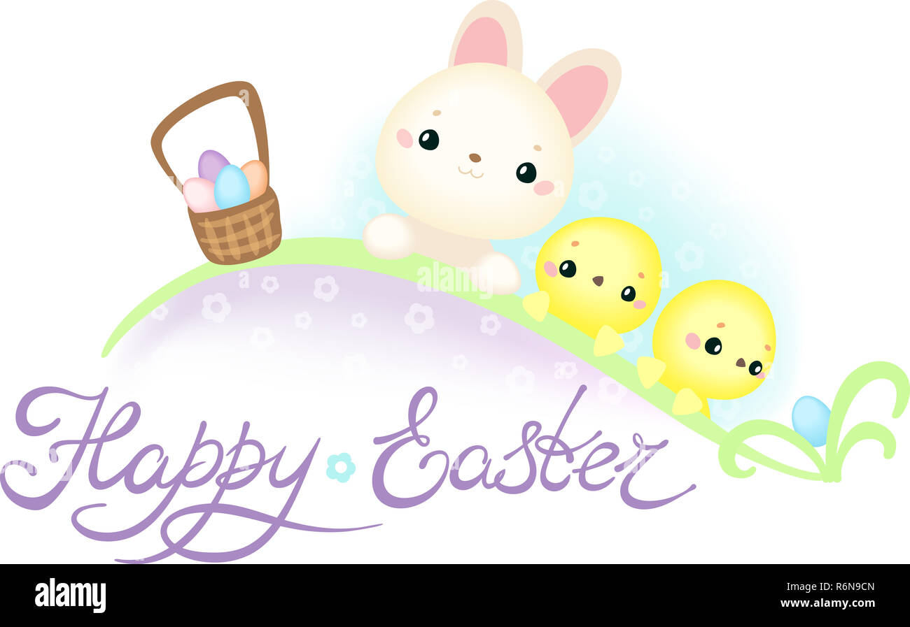 Easter Greeting Card with Cute Easter Bunny and Chickens on the Easter ...