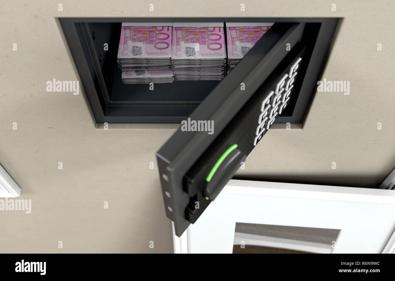 An open hidden wall safe with stacks of euro banknote piles revealed ...