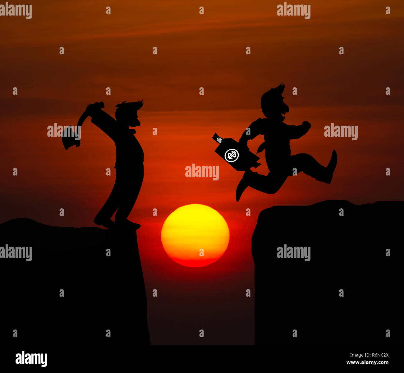 Concept cartoon silhouette, Man hold axe and Man jumping over precipice ...