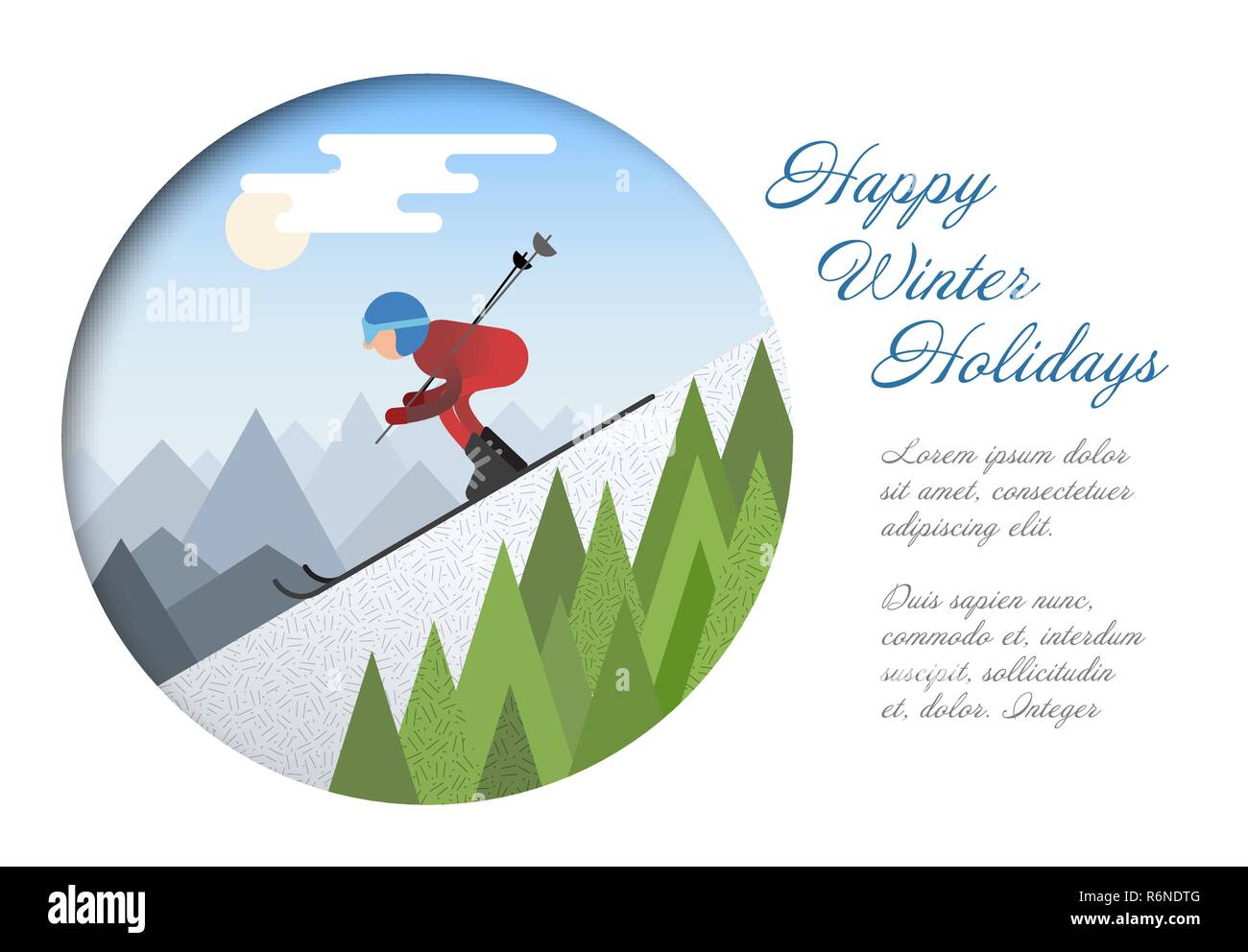 Winter card template - Flat design Skier sliding from the snowy hill in ...