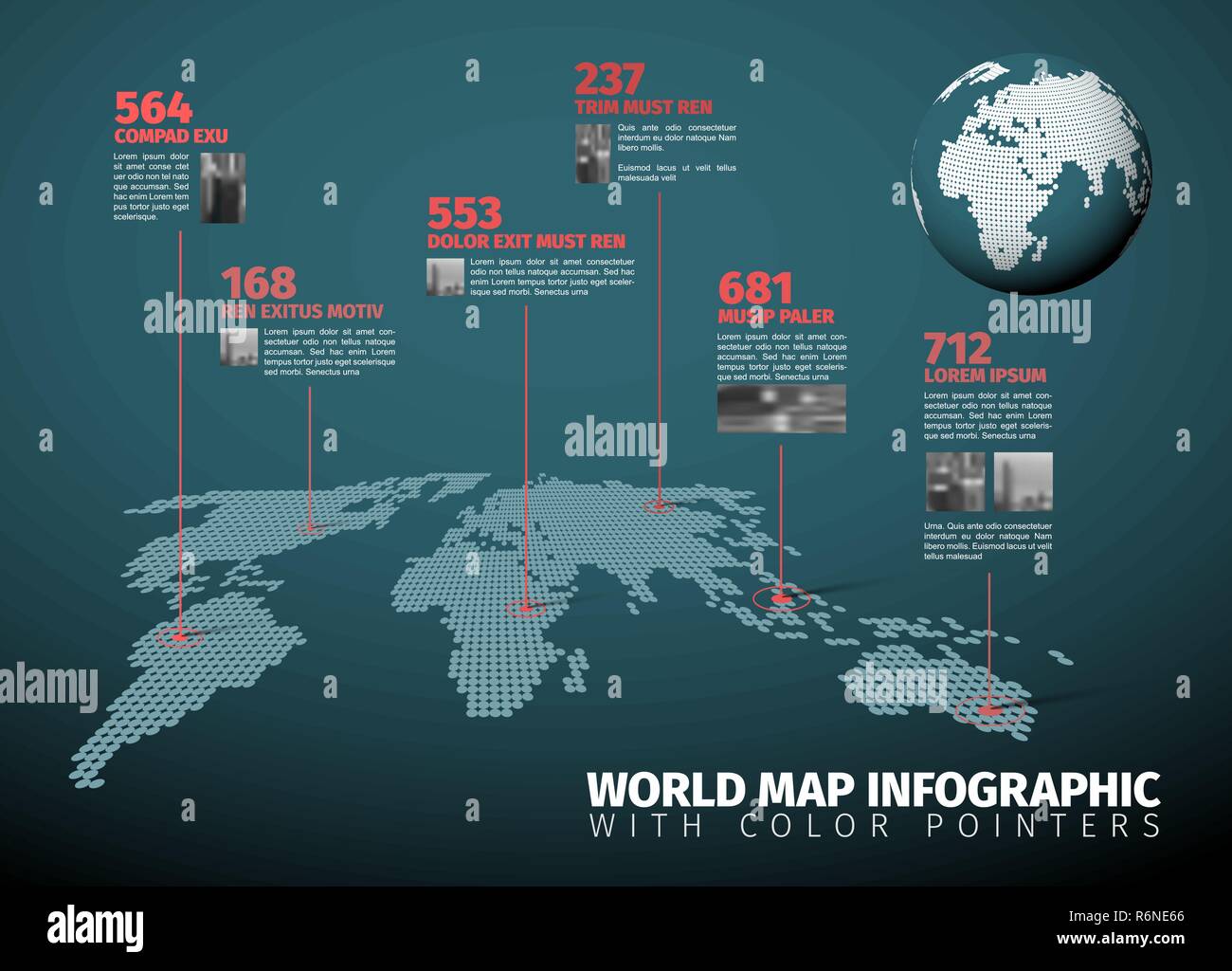 Drk teal World map infographic template with pointer marks, text content and photos Stock Vector ...