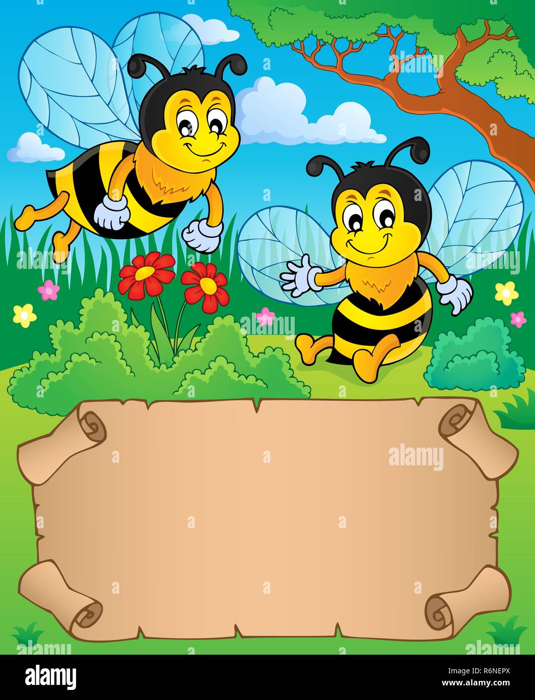 Small parchment and two happy bees Stock Photo - Alamy