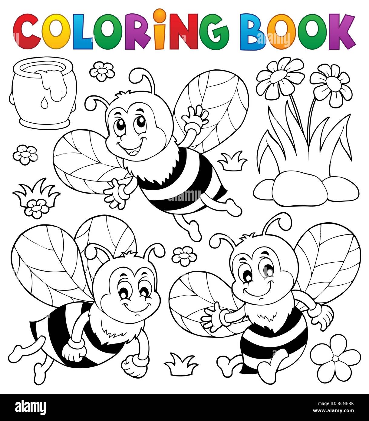 Coloring book happy bees topic 1 Stock Photo - Alamy