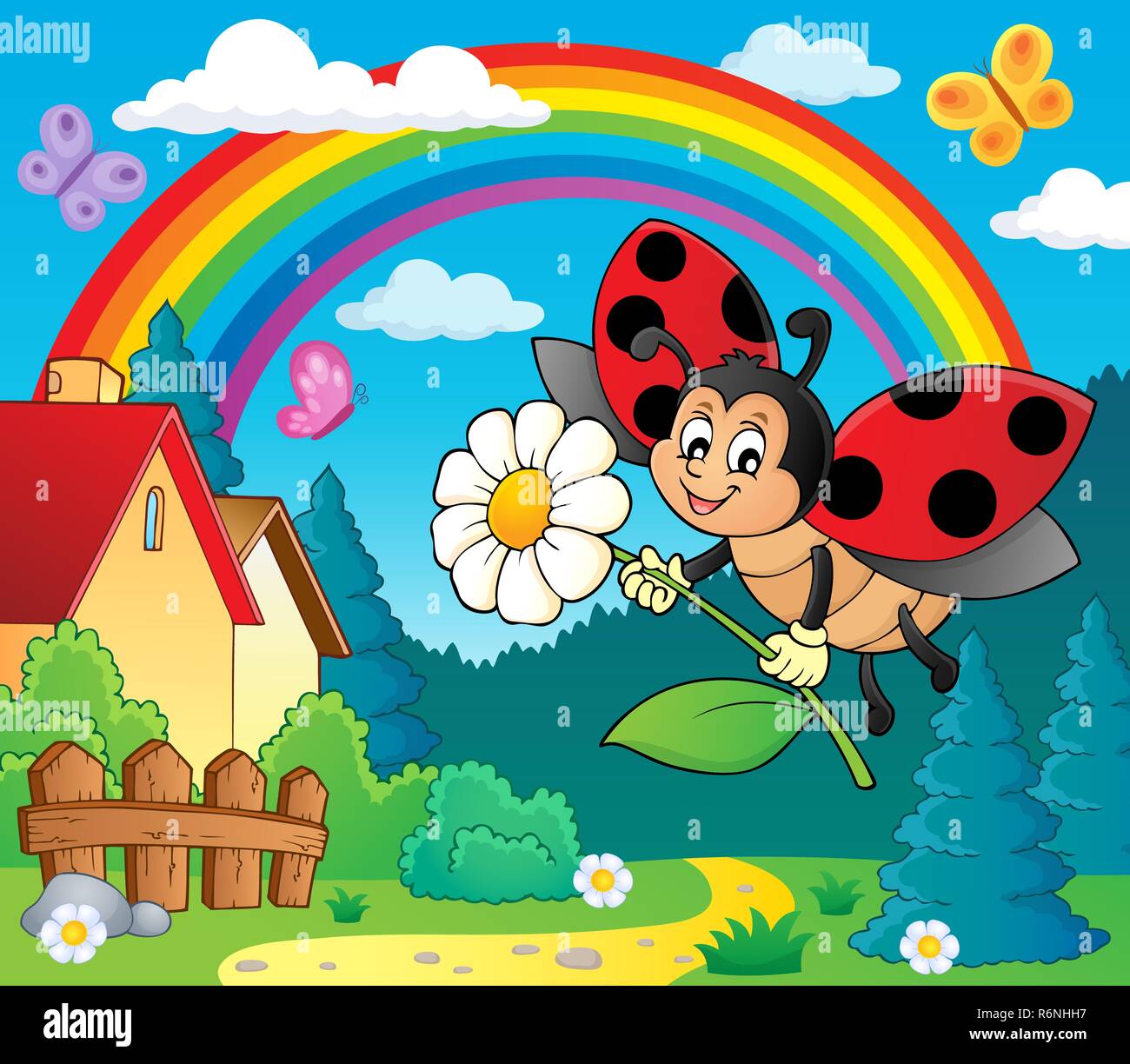 Ladybug holding flower theme image 4 Stock Photo - Alamy