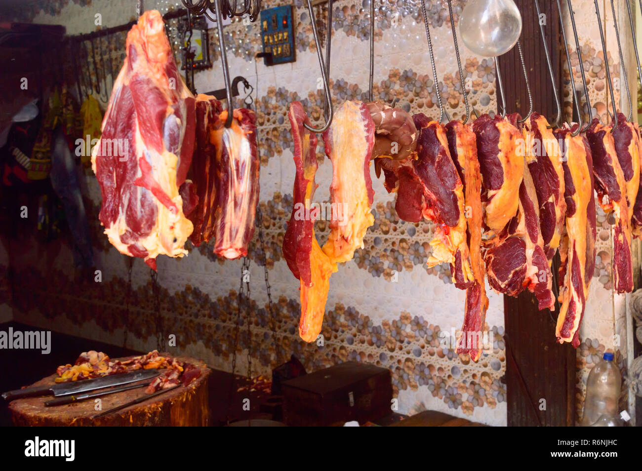 Fresh raw red meat at butcher shop for display. Burrabazar ( Bara ...