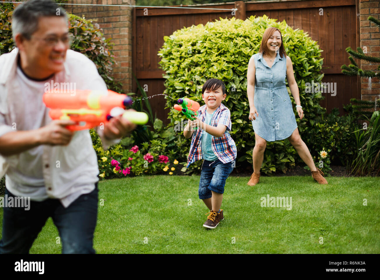 Family Water Fight in the Garden Stock Photo - Alamy