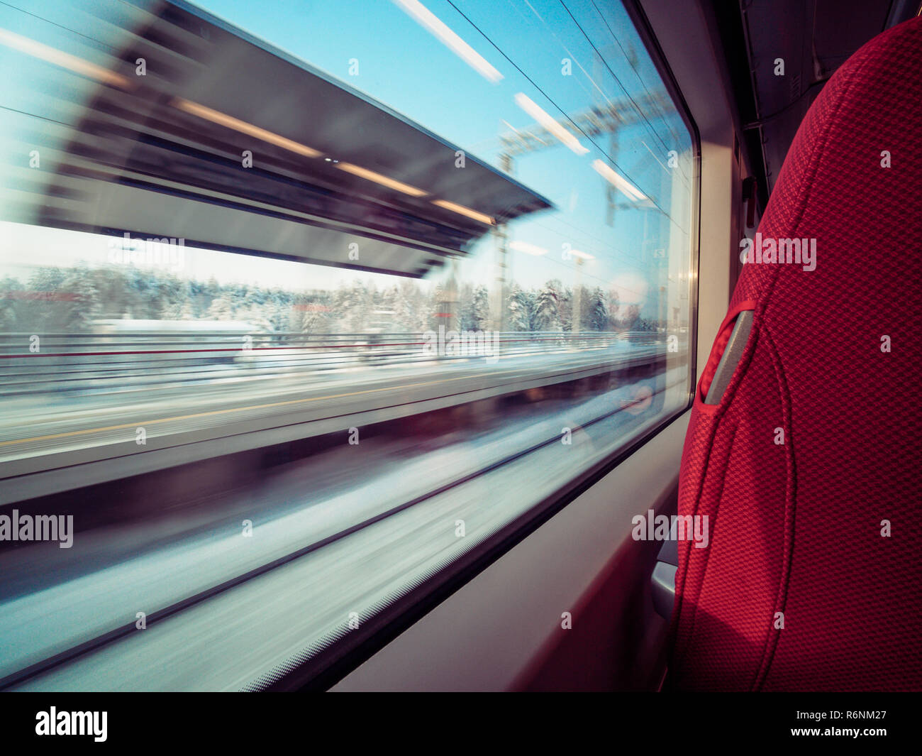 Motion railway platform through window railway car Stock Photo - Alamy