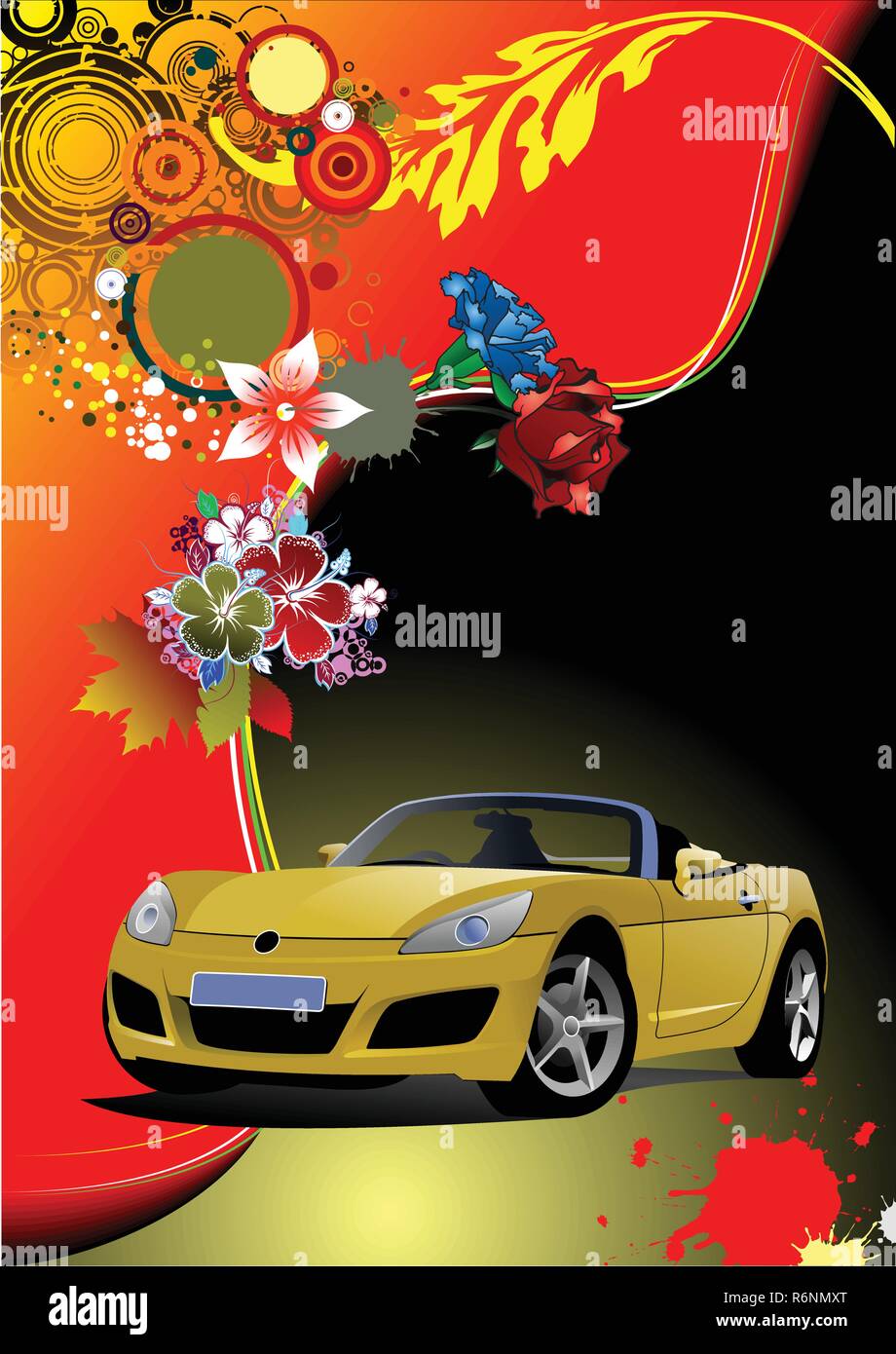 Floral background with cabriolet car image. Vector illustration ...