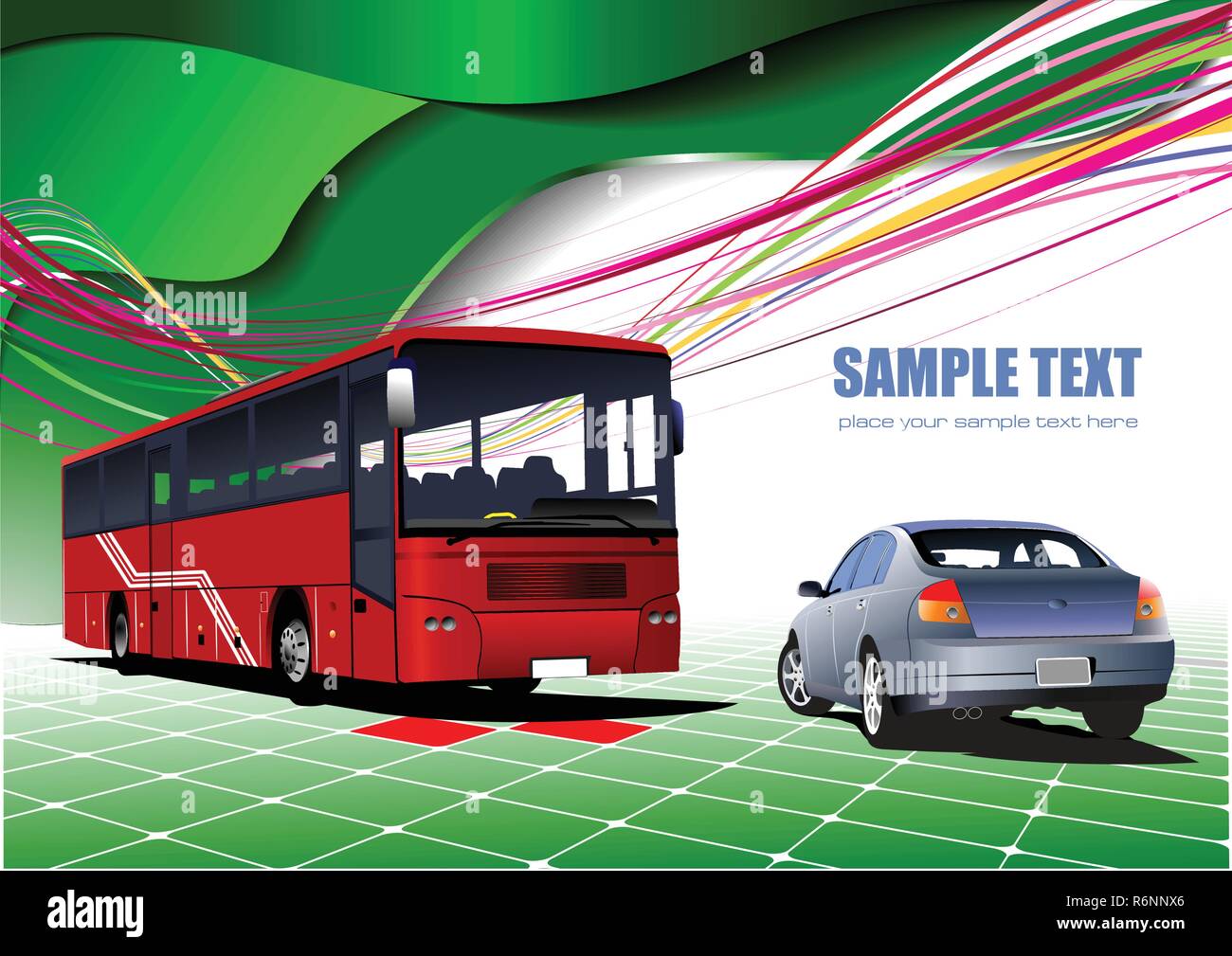 Abstract green background with bus and car images. Vector illustration ...