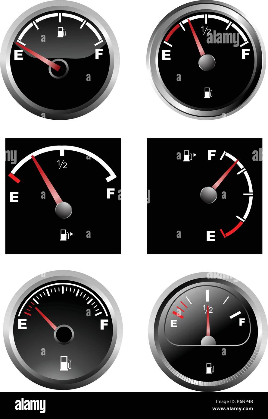 Set of six car dash boards petrol meter, fuel gauge. Vector ...