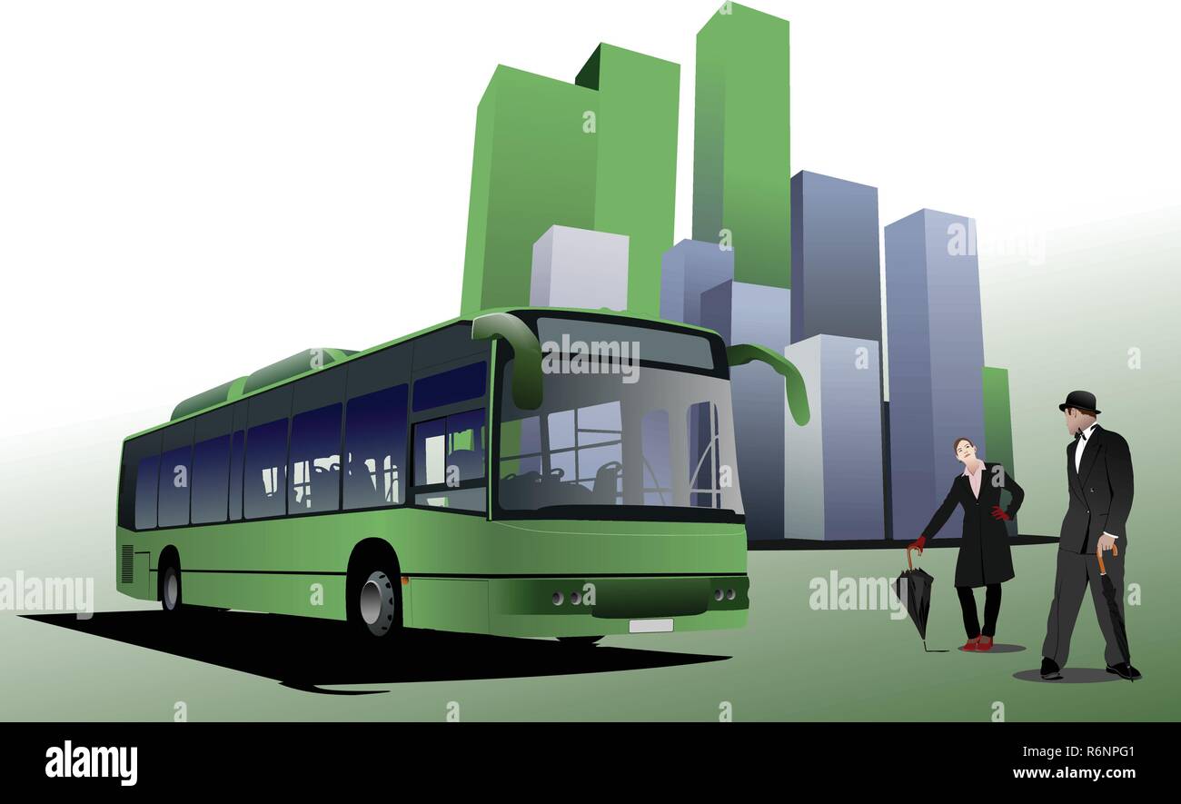 Abstract urban background with city bus image. Vector illustration ...