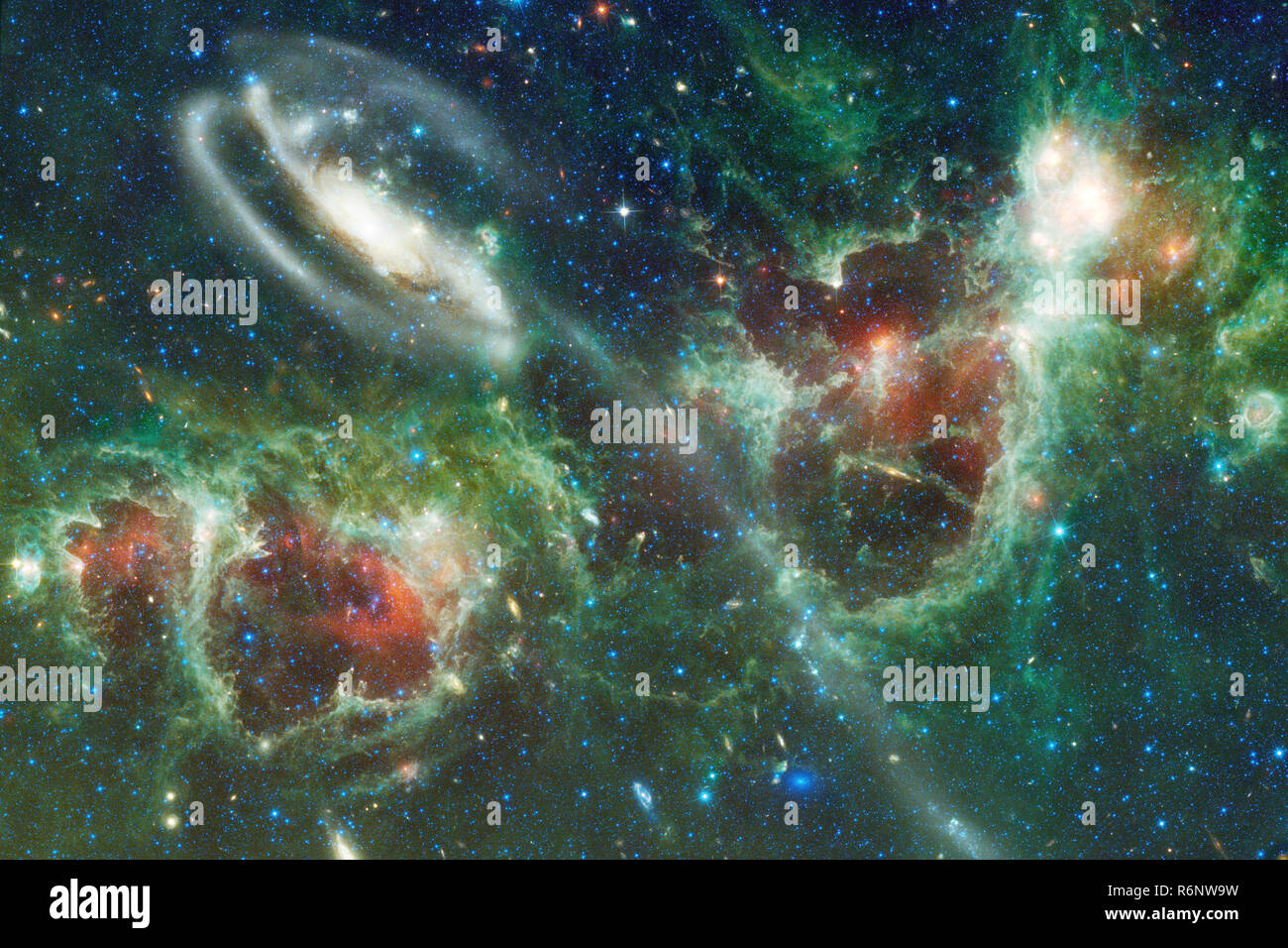 Universe scene with bright stars and galaxies in deep space showing the ...