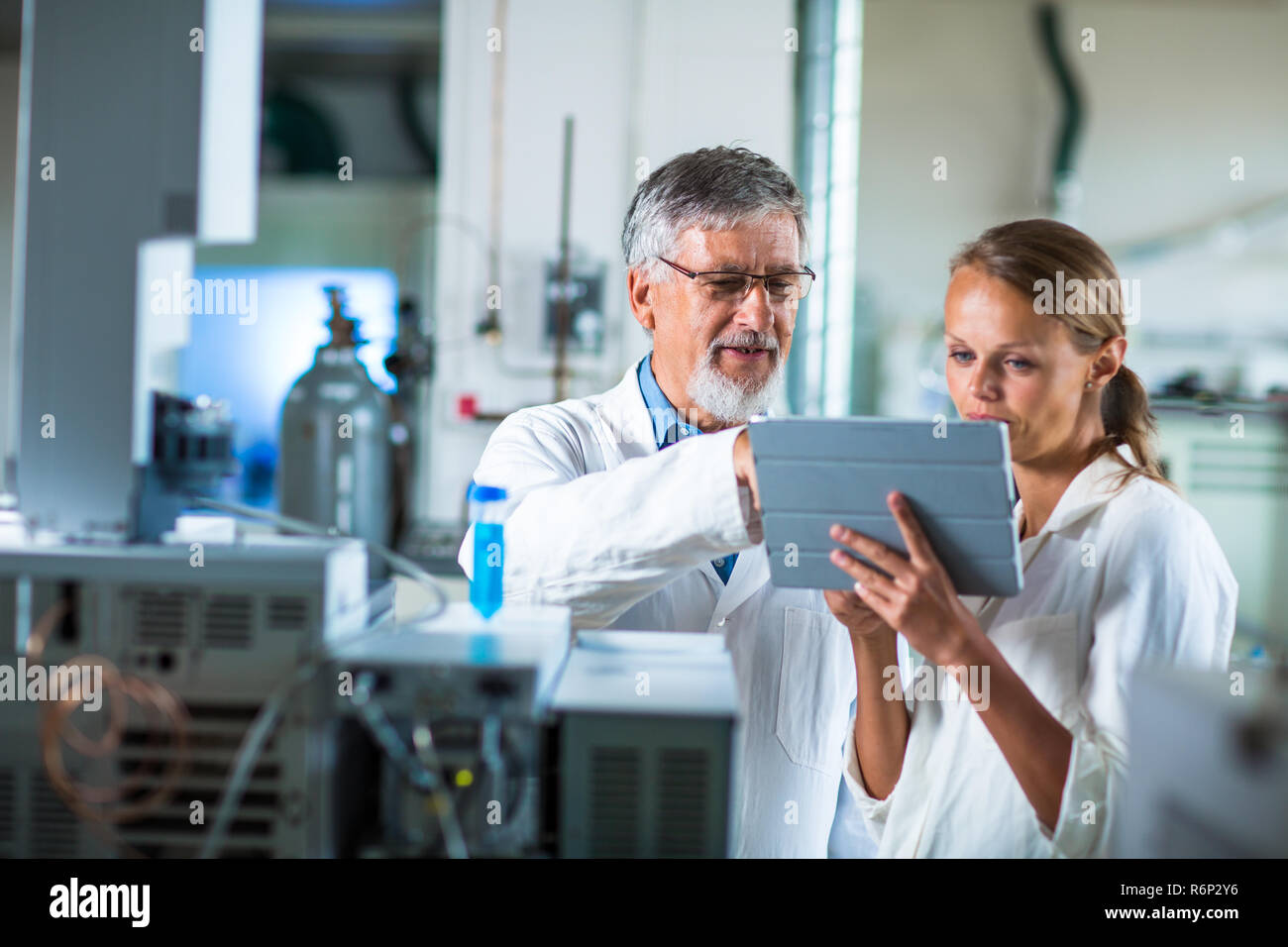 Senior chemistry professor/doctor in a lab (color toned image Stock ...
