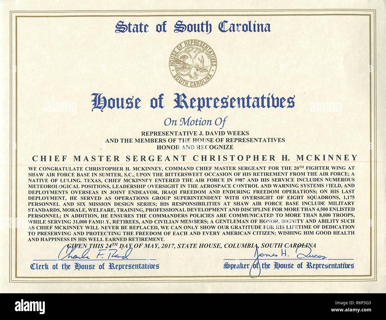 A certificate of recognition from the South Carolina House of ...
