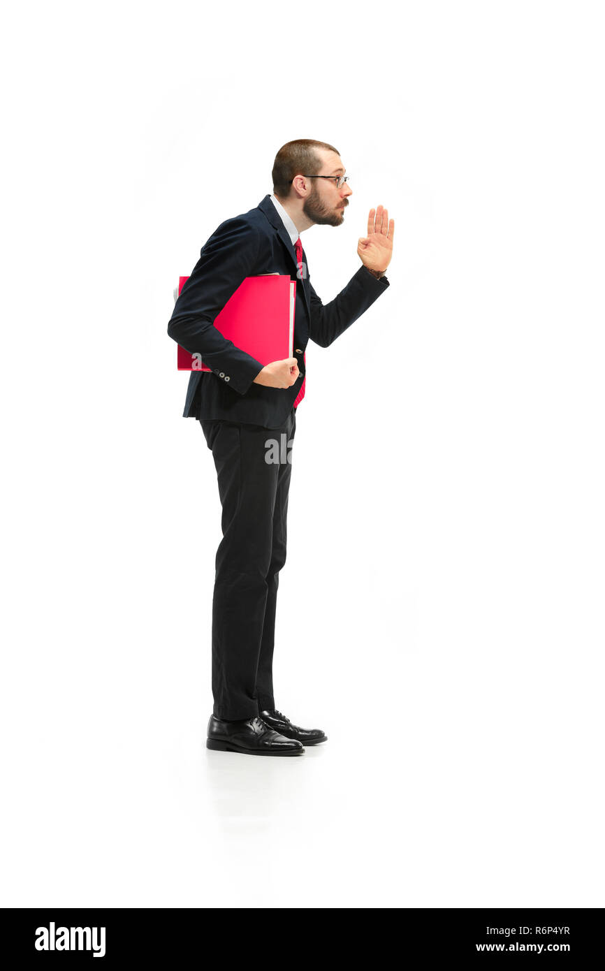 Choose me. Full body view of businessman with red folder on white ...
