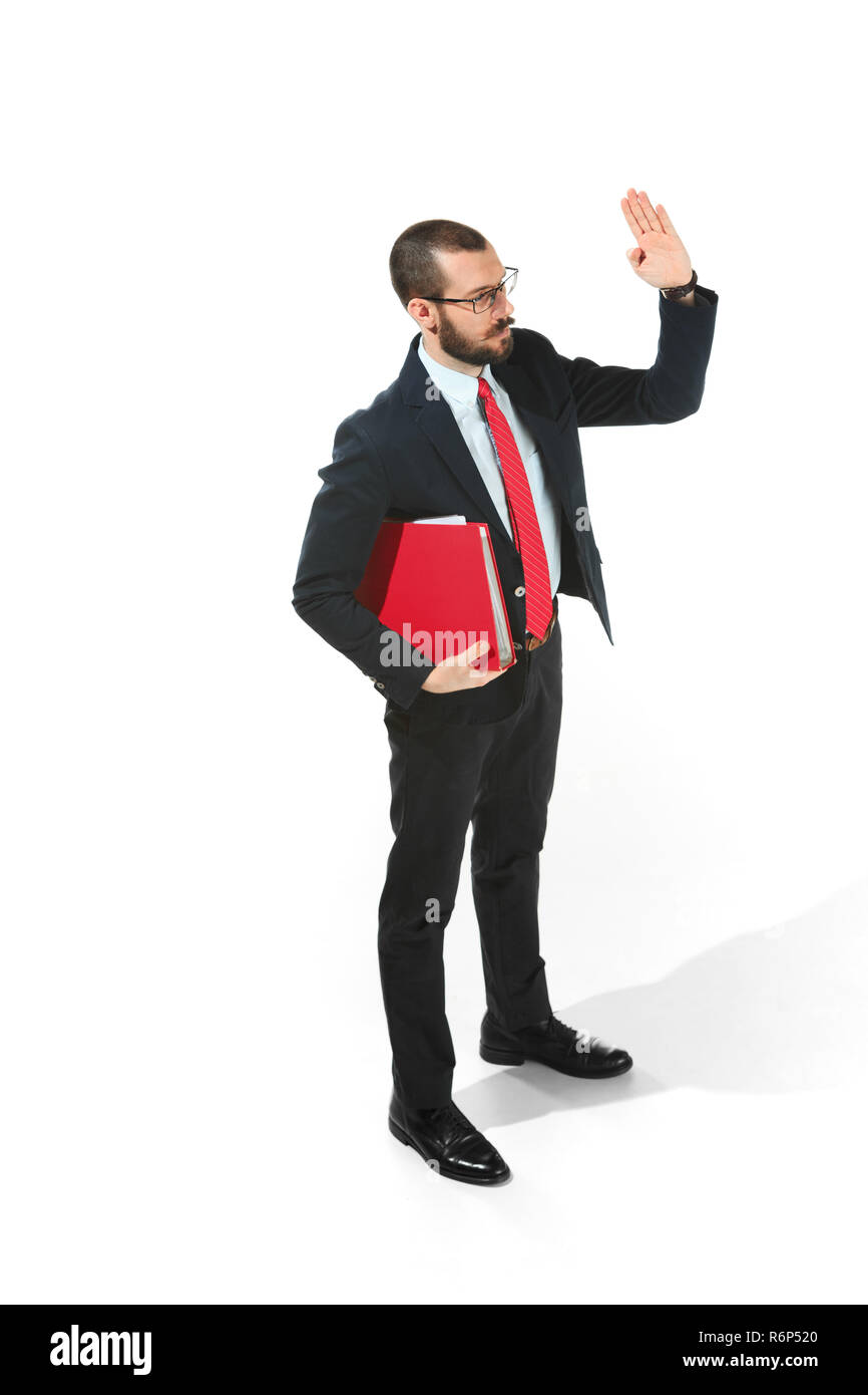 Choose me. Full body view of businessman with red folder on white ...