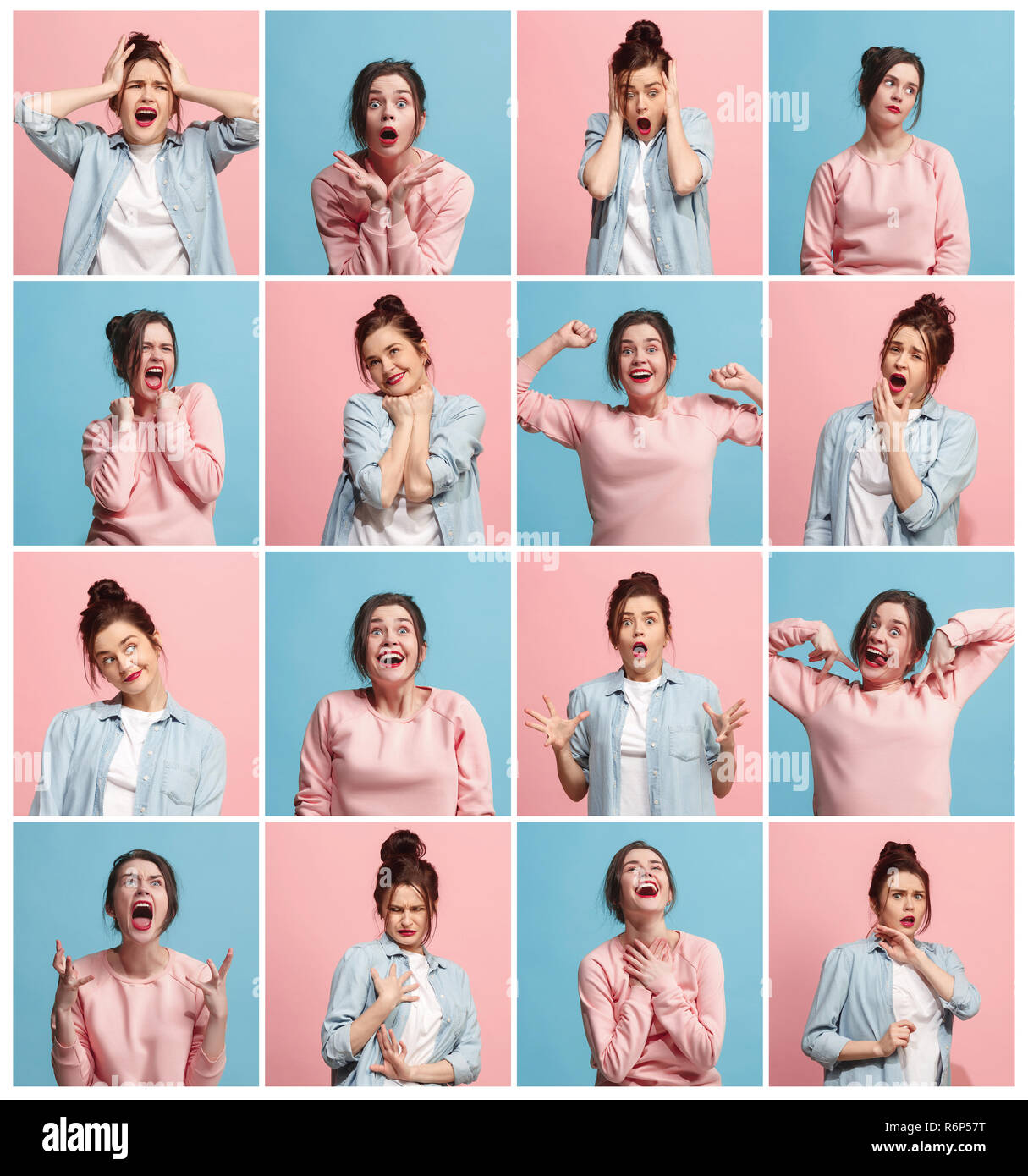 The collage of different human facial expressions, emotions and ...