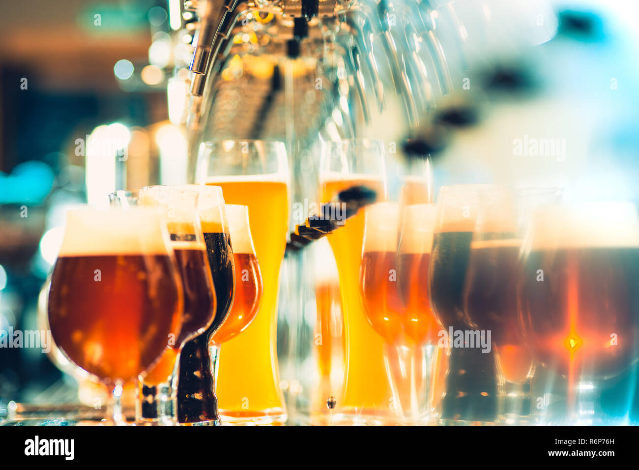 Beer craft. Bar table. Steel taps. Shiny taps. Glassses with beer Stock ...