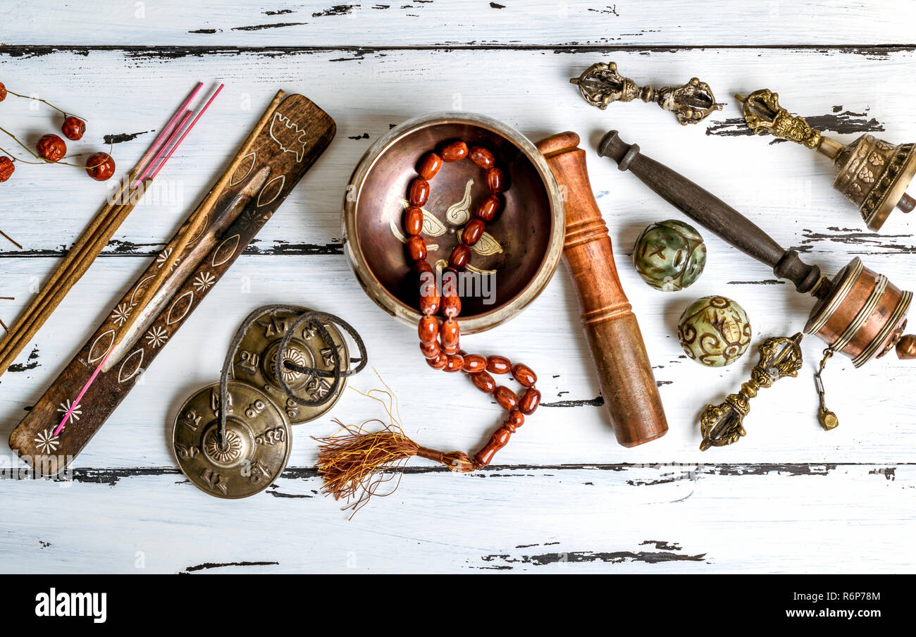Tibetan religious objects for meditation and alternative medicine Stock ...
