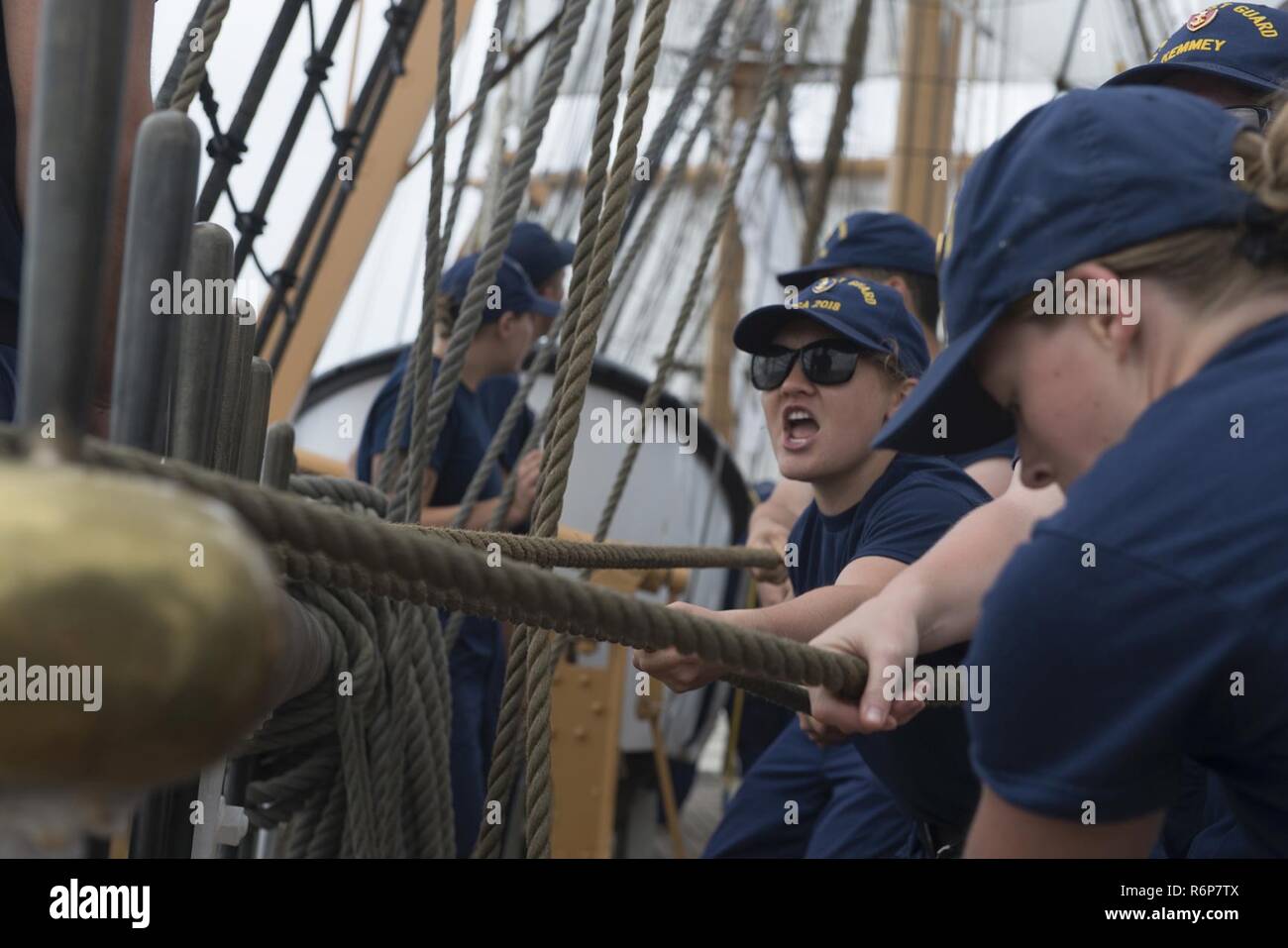 Coast Guard Academy Cadets haul on lines during cadet summer training ...