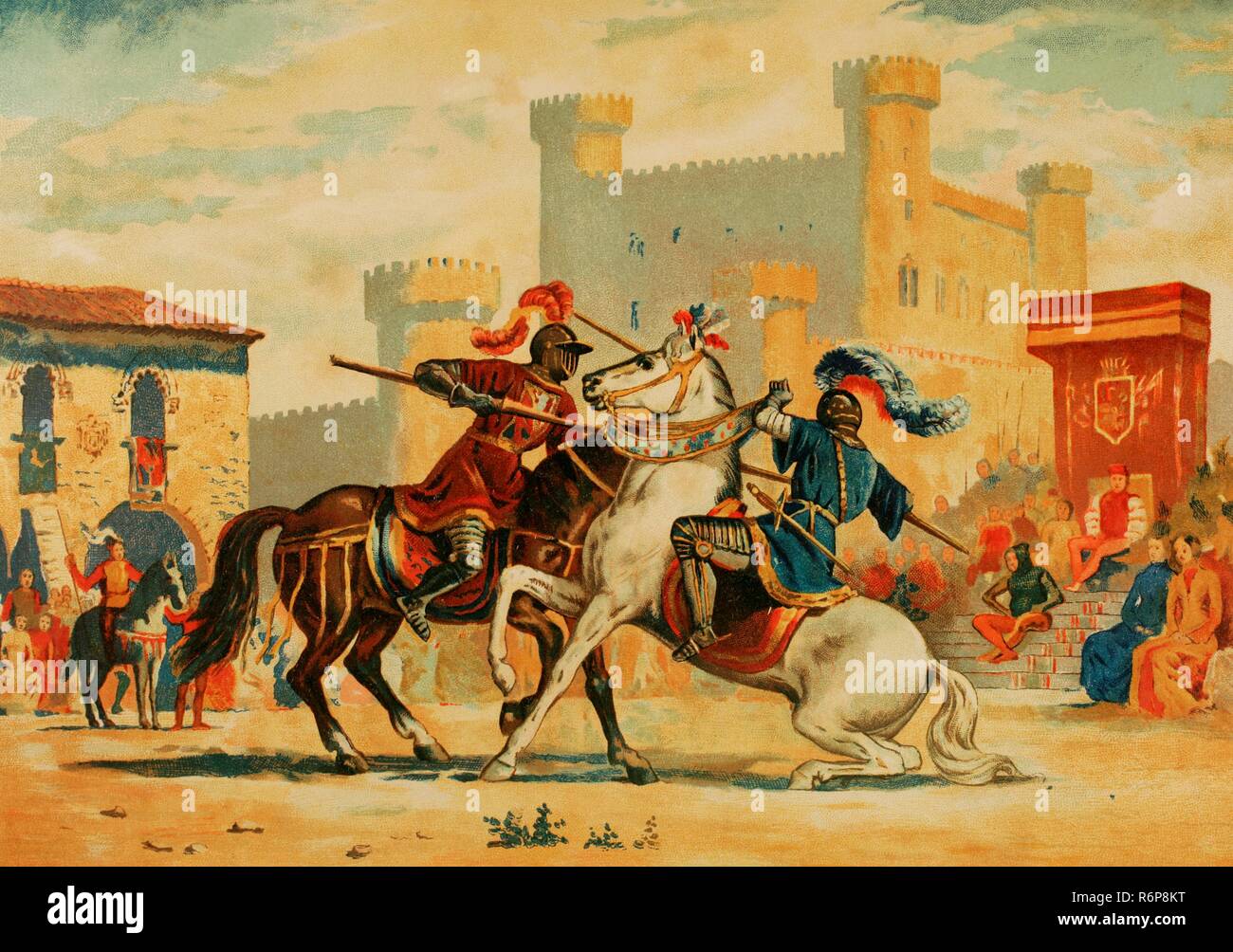 European medieval history. Tournament. Two contenders on horseback ...