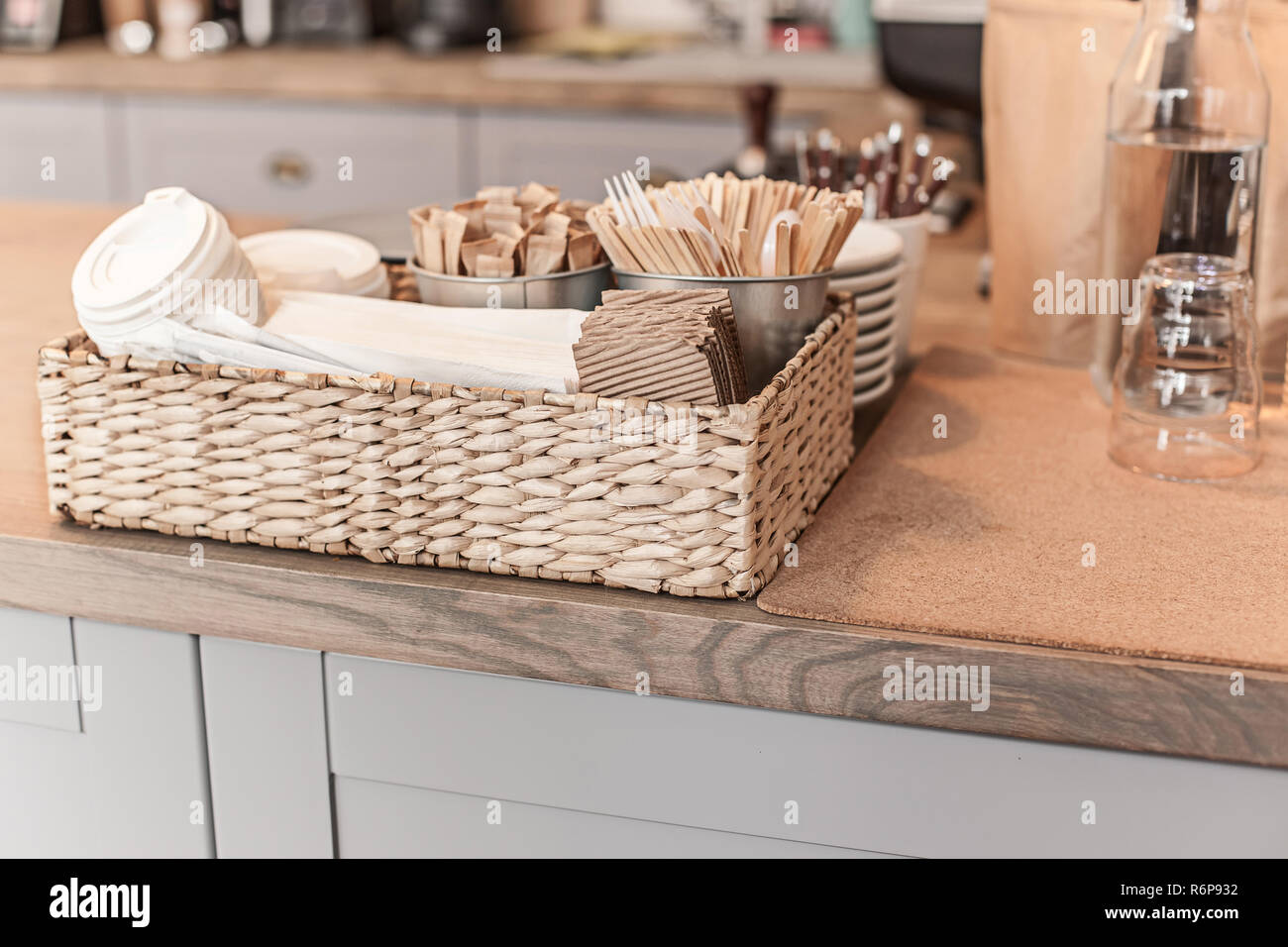 A table setting for coffee on the counter at a coffee house Stock Photo ...