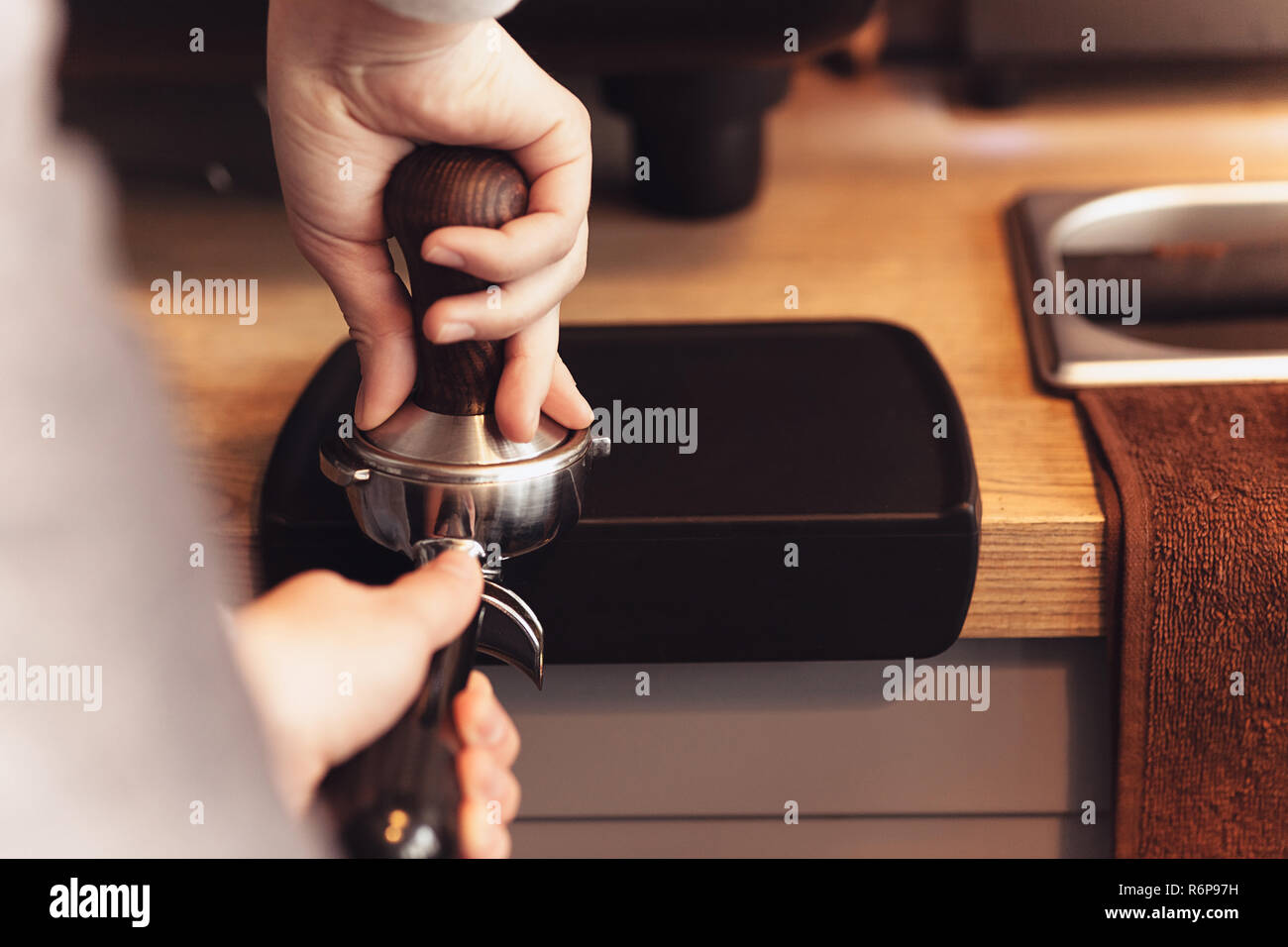 Barista, cafe, making coffee, preparation and service concept Stock ...