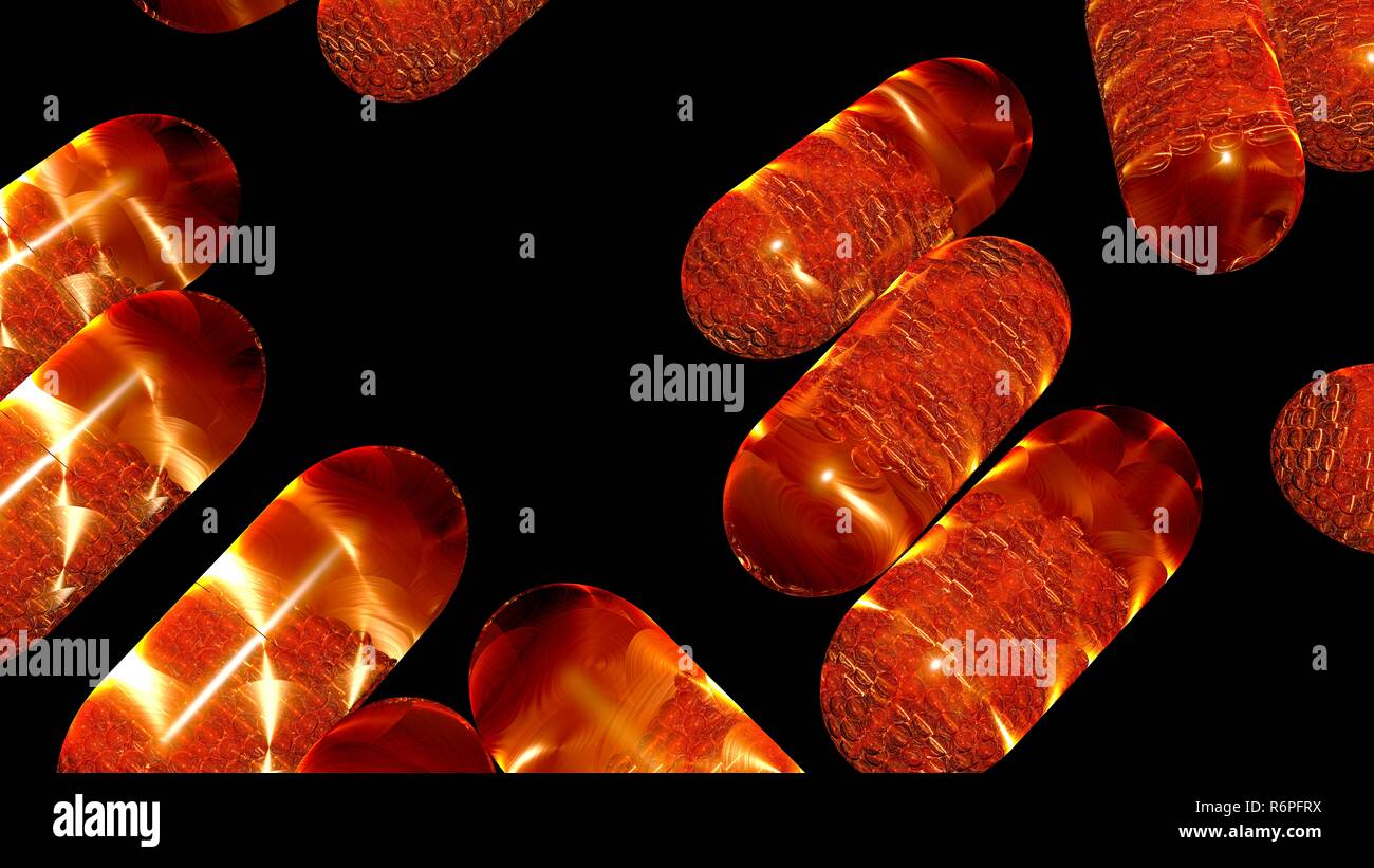 Close up view of shining capsule pills with small medicinal granules ...