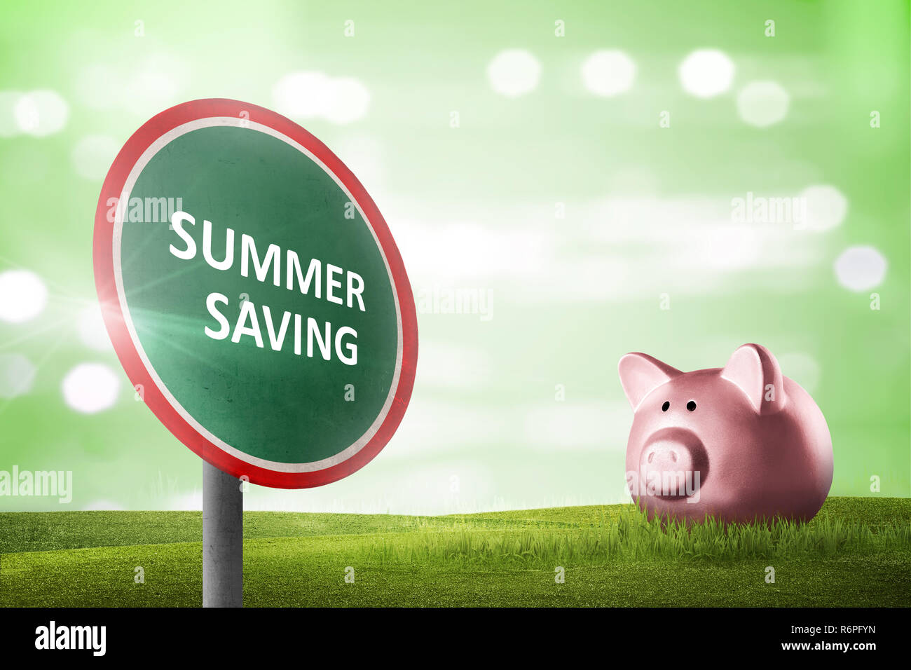 Road sign with Summer saving message with green backdrop Stock Photo ...