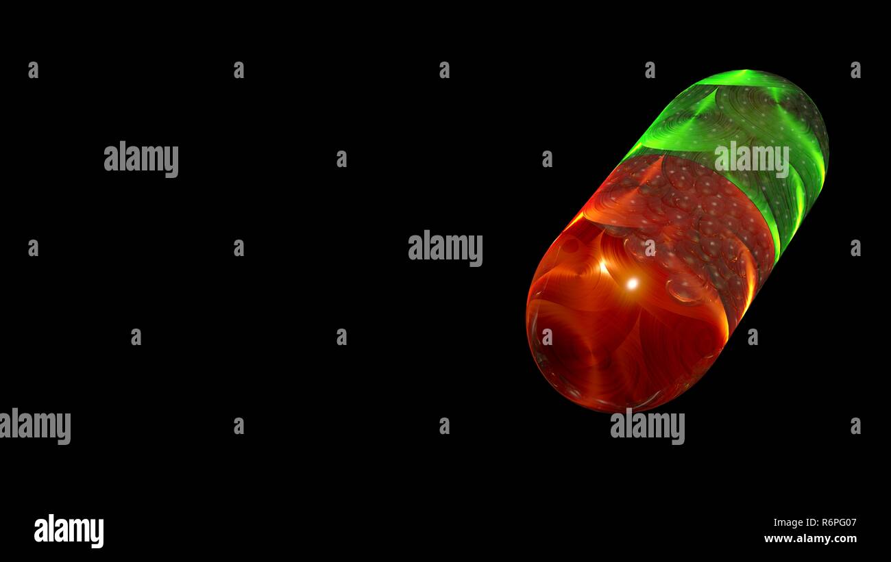 Close up view of shining capsule pills with small medicinal granules ...