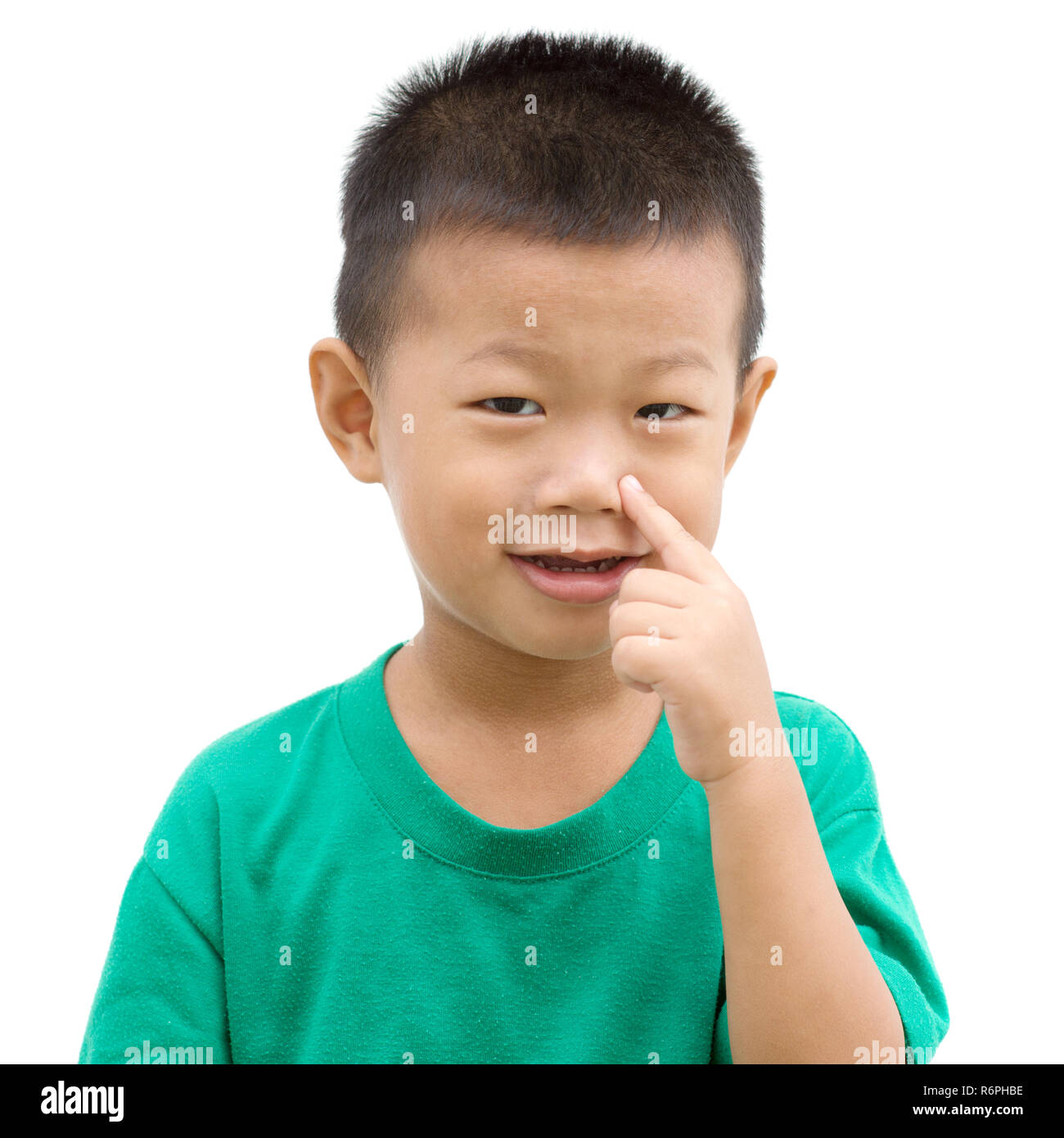 Asian child pointing nose Stock Photo - Alamy