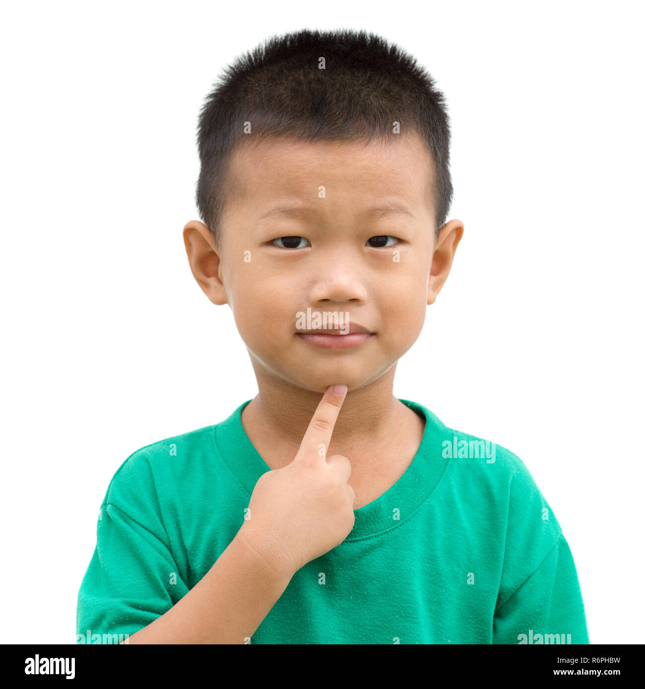 Asian child pointing chin Stock Photo - Alamy