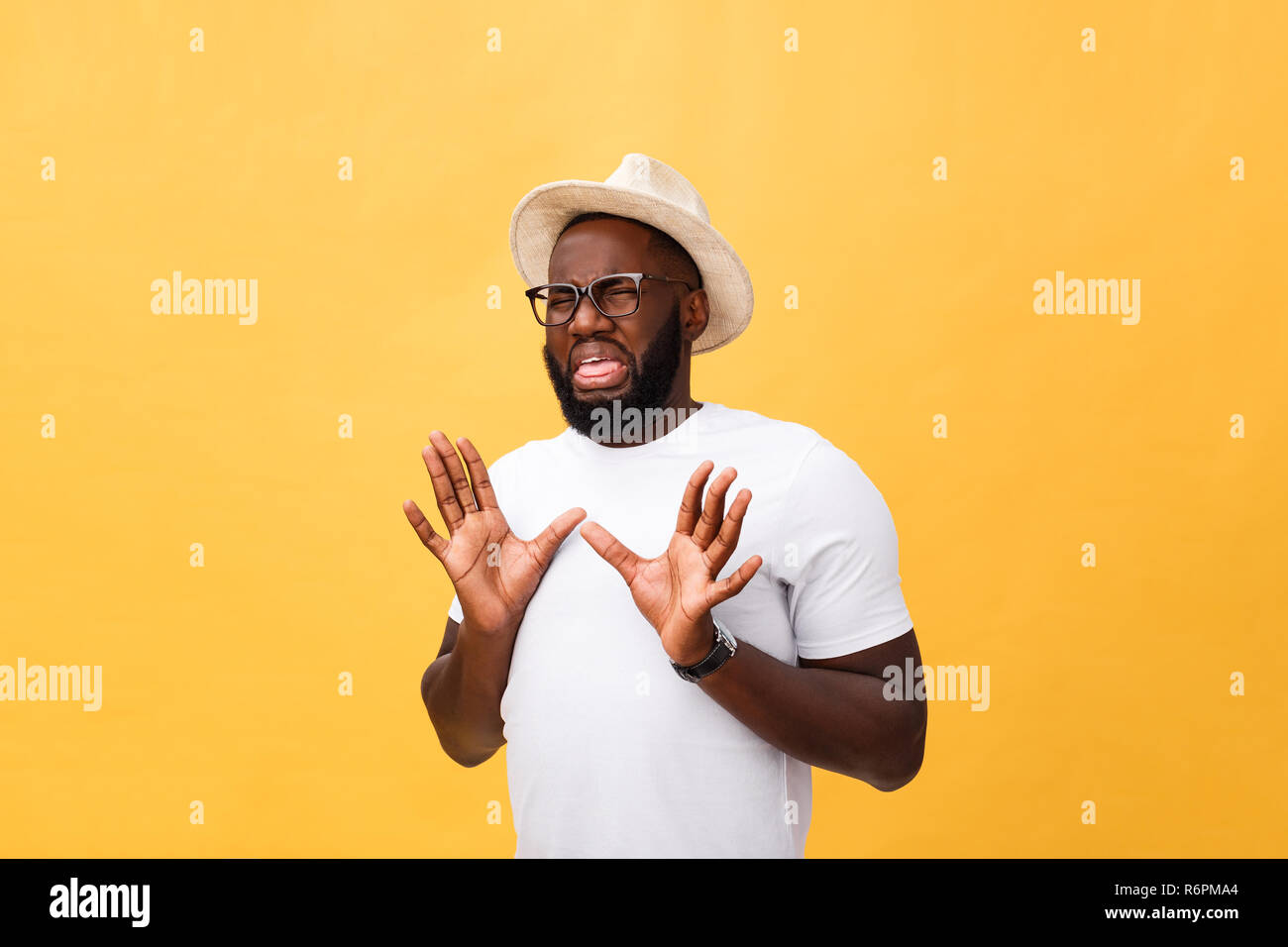 Closeup portrait of shocked mad young man raising hand up to say no ...