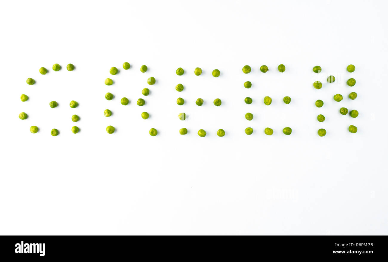 word GREEN made from green peas on white background isolated Stock ...