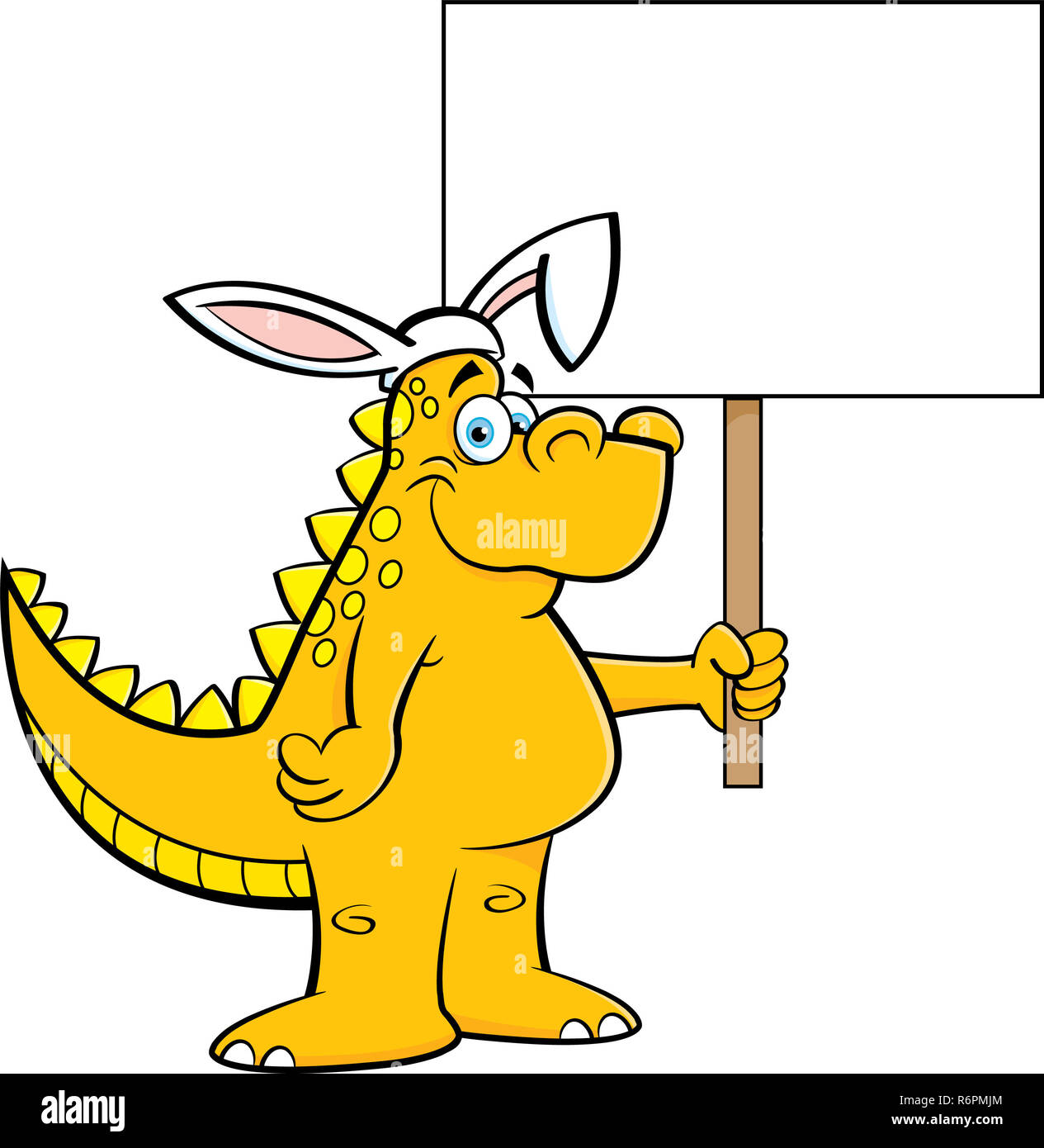Cartoon illustration of a dinosaur wearing rabbit ears and holding a ...