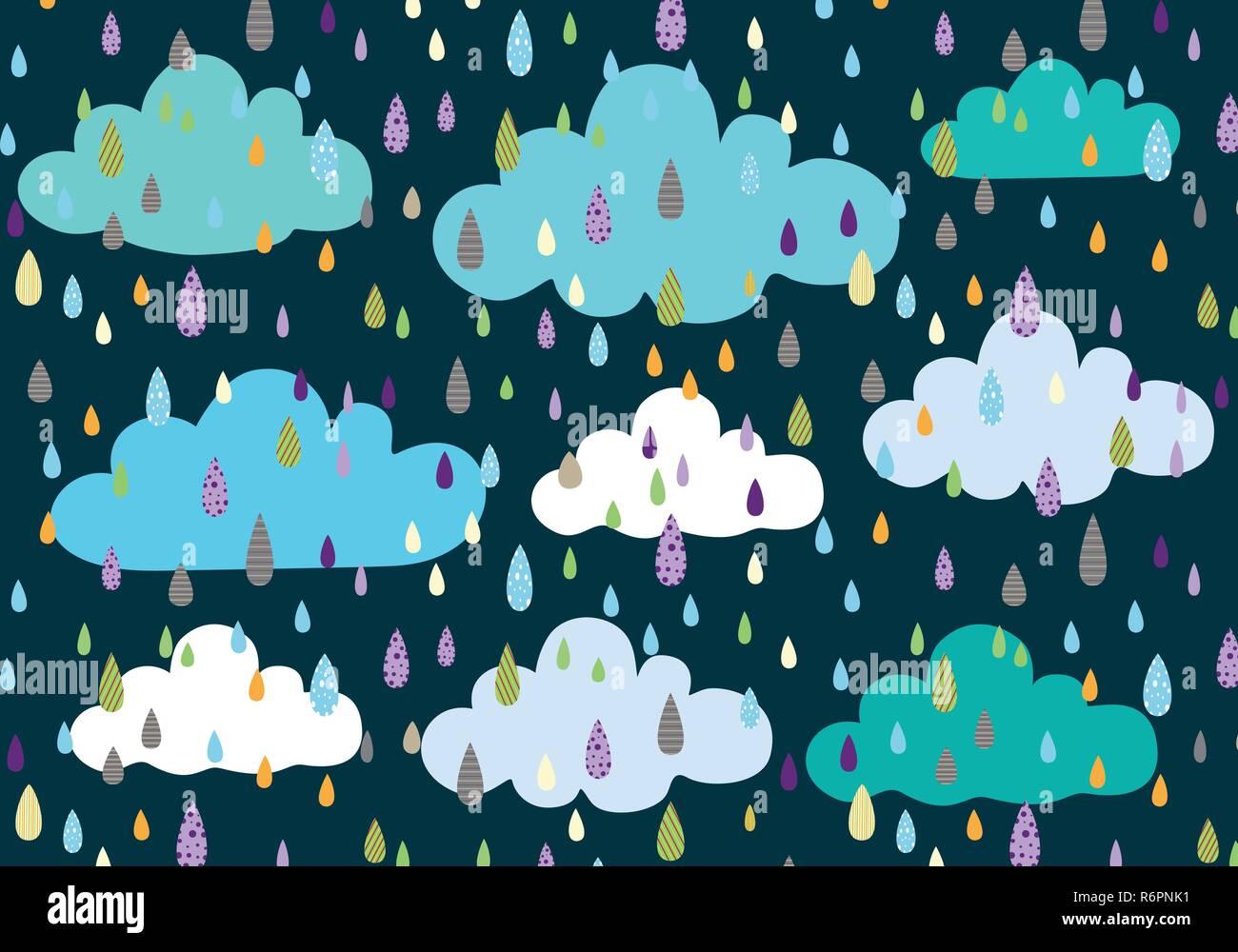 Rain in colors vector pattern on a dark blue background with clouds ...