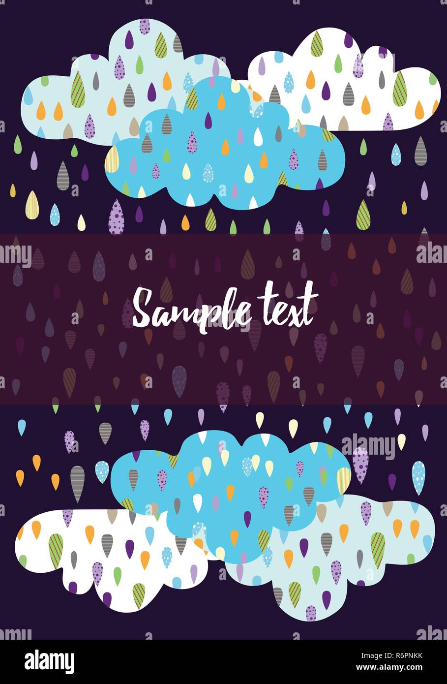 Rainy day vector card template illustration, rain in colors dark ...