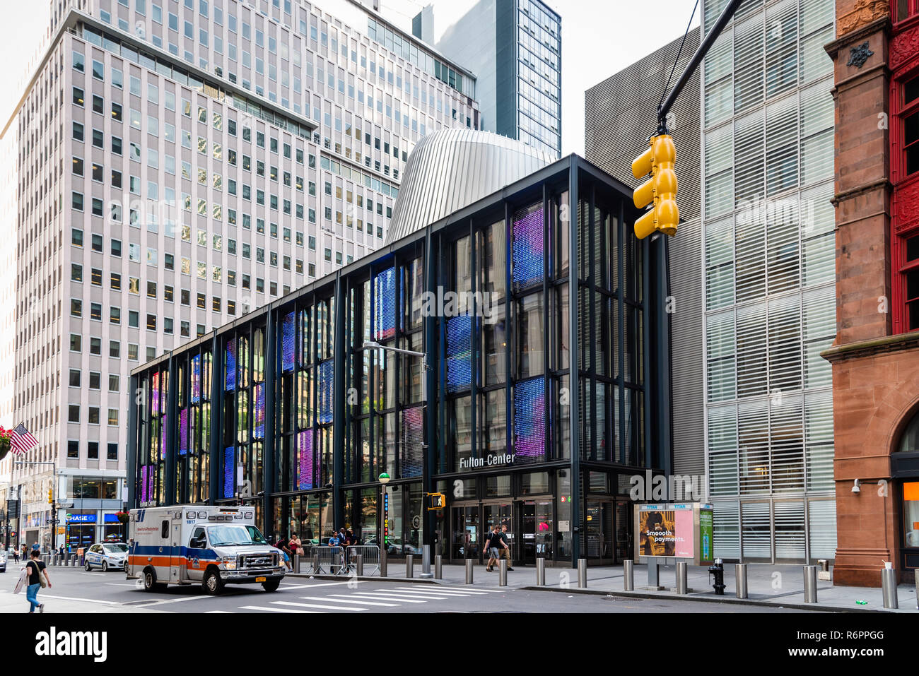 New York City, USA - June 24, 2018: Exterior view of The Fulton Center ...