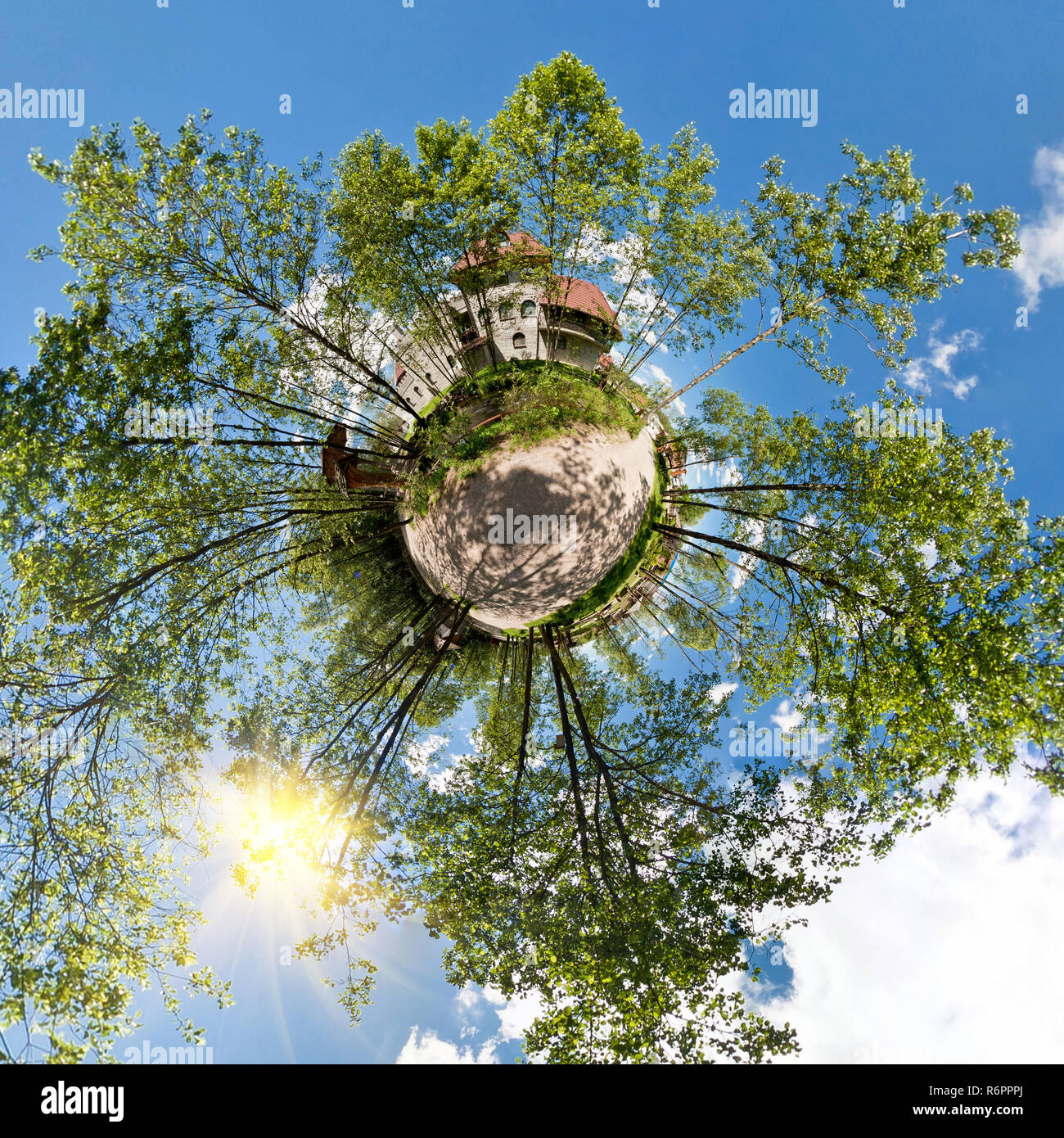 Little planet. Spherical aerial view in forest near vacation home in ...
