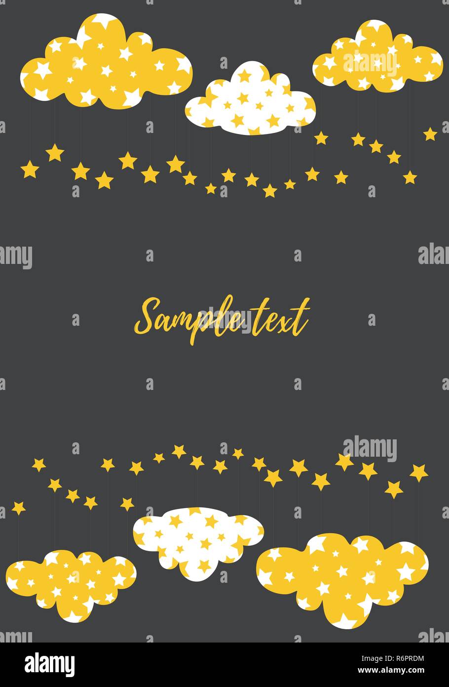 Clouds and stars vector invitation card template illustration in gold ...