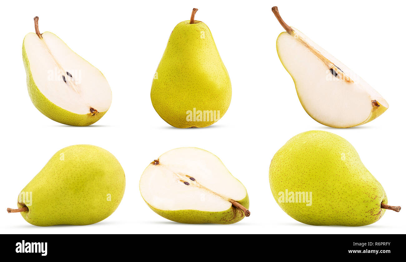 Set fresh pears whole, cut in half, quarter isolated on white ...