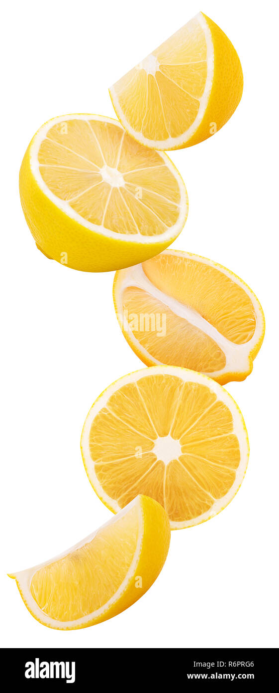 Slices lemon flying in the air isolated on white background. Clipping ...