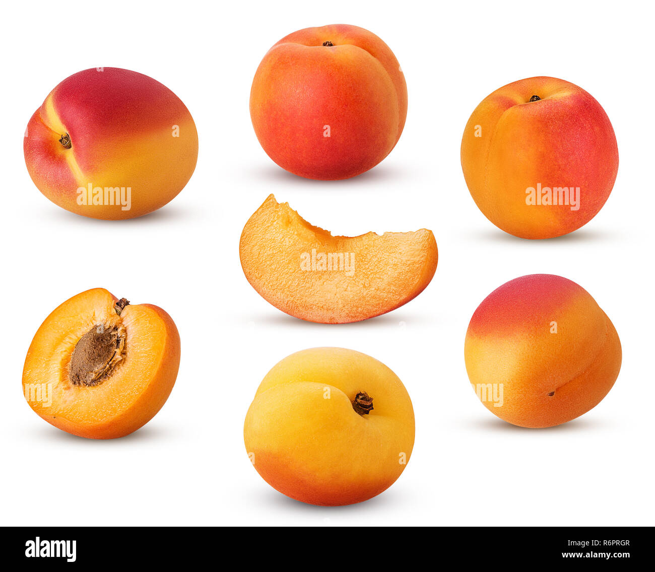 Big collection fresh ripe apricot, whole, slice, cut in half with bone ...