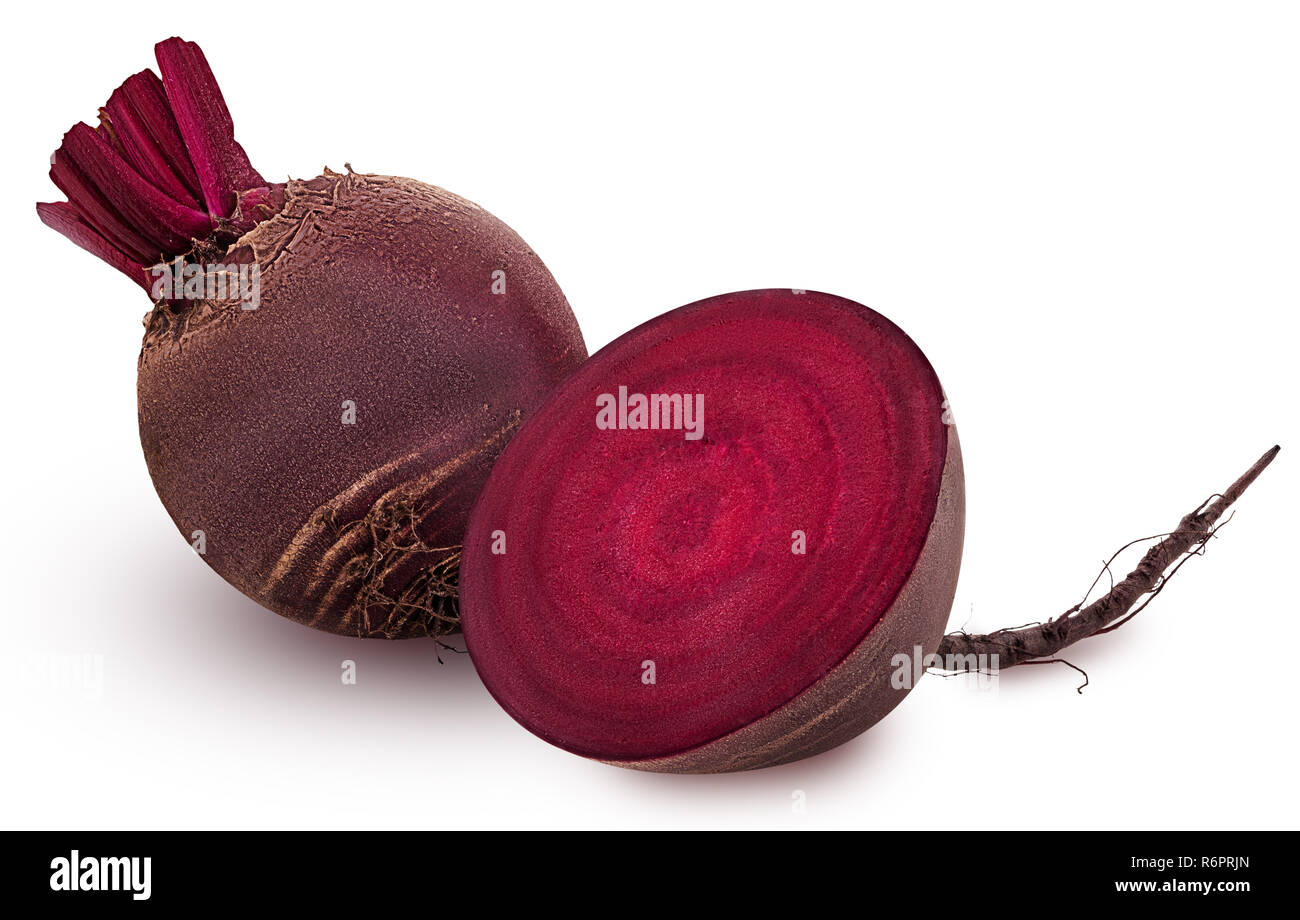 Fresh red beet root one cut in half isolated on white background ...