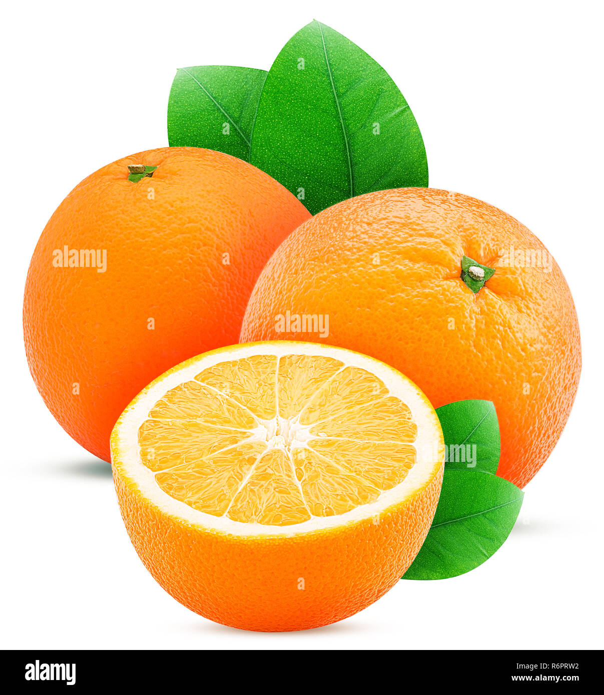 Two orange fruit one cut in half with leaf isolated on white background ...